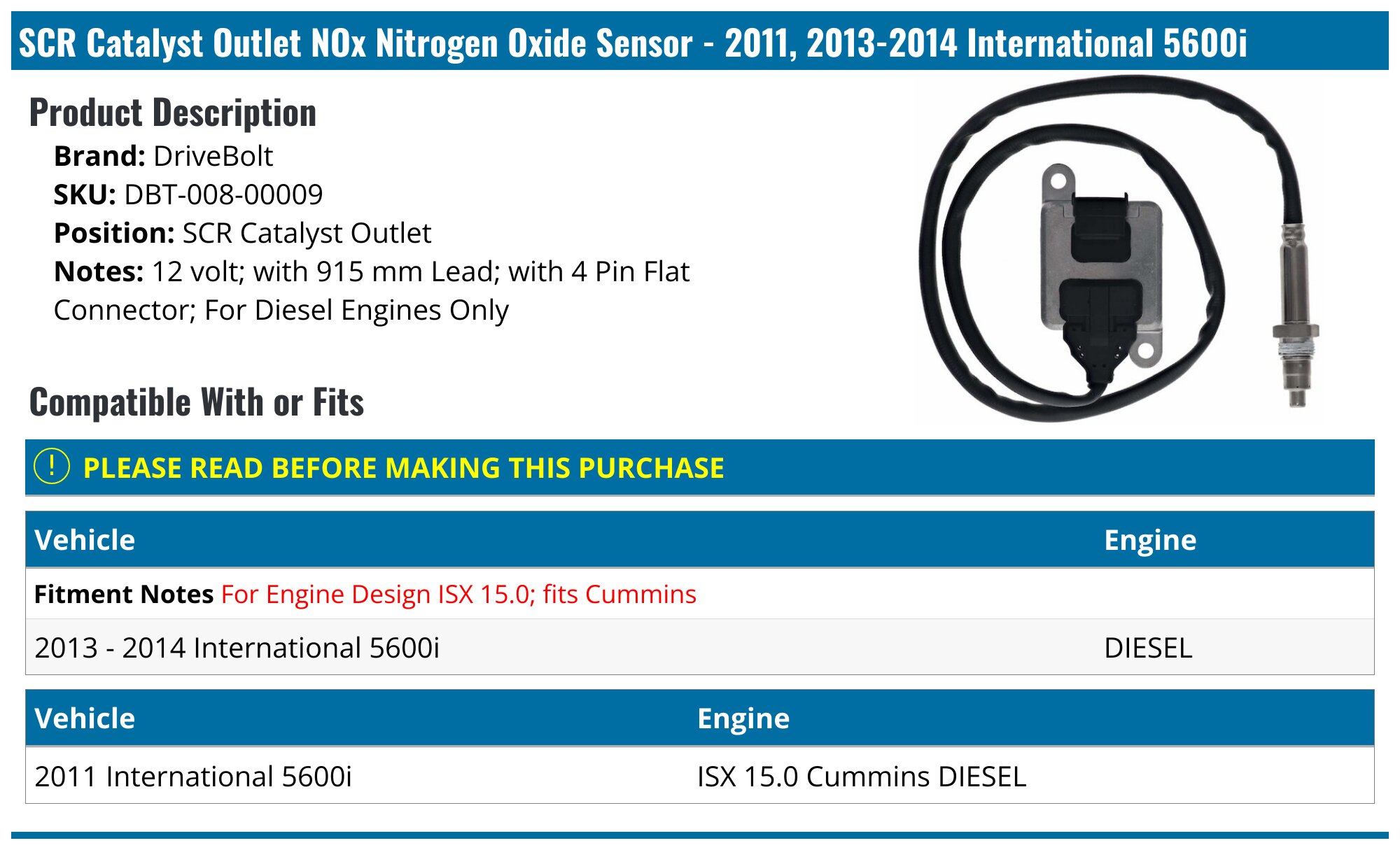 2011, 2013-2014 International 5600i NOx (Nitrogen Oxide) Sensor ...