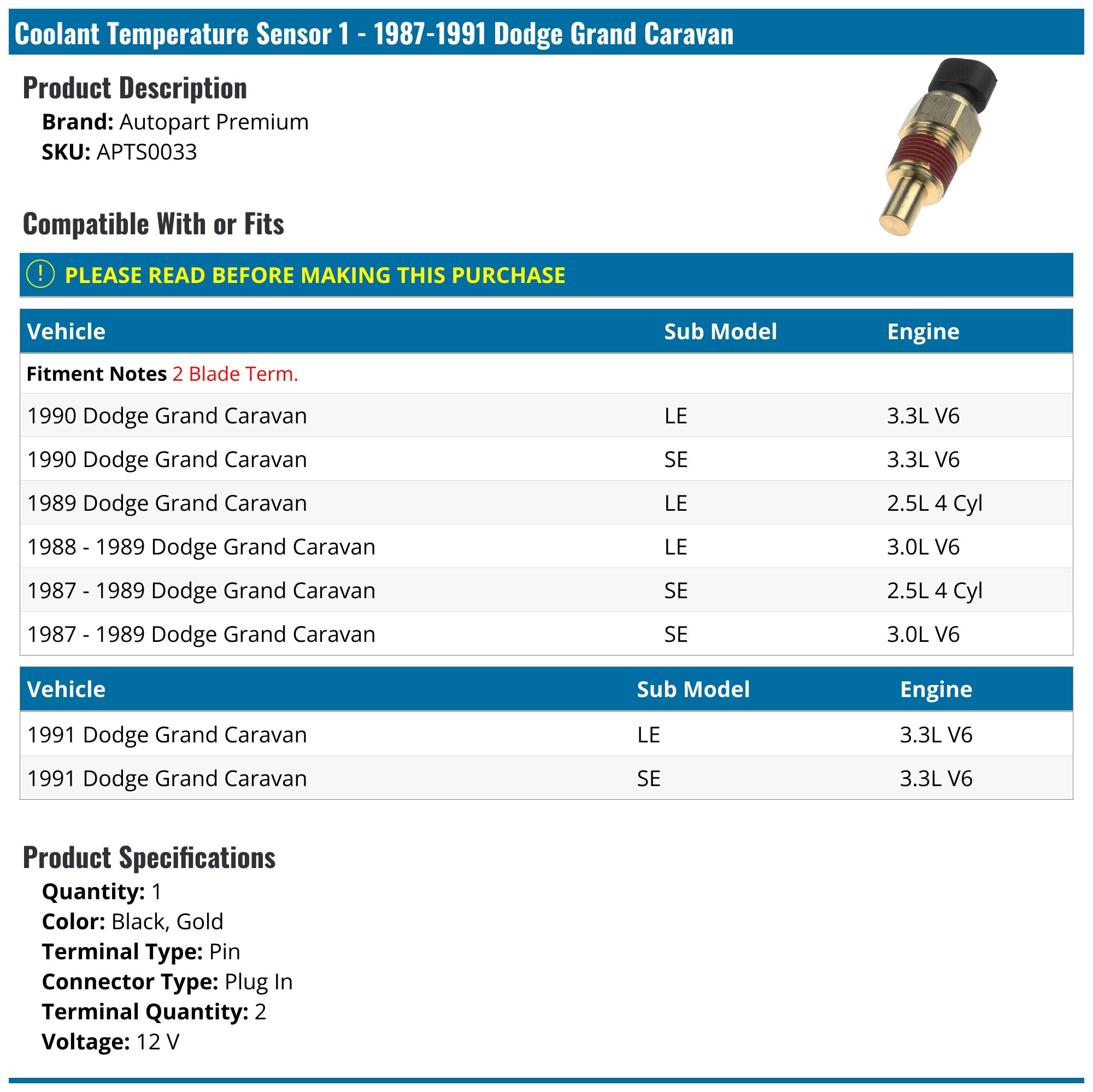 1987-1991 Dodge Grand Caravan Engine Coolant Temperature Sensor ...