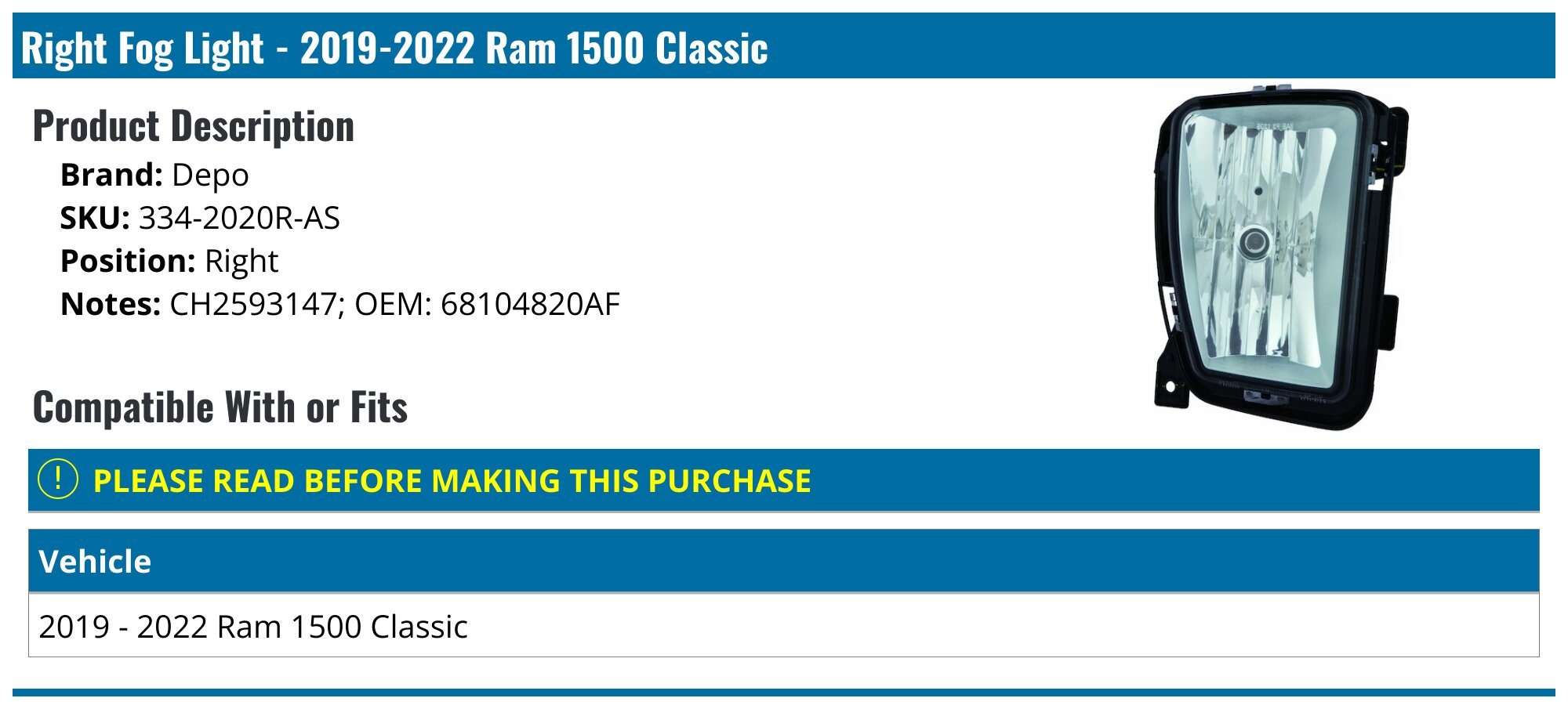 2019-2024 Ram 1500 Classic Fog Light - Depo 334-2020R-AS - Right ...