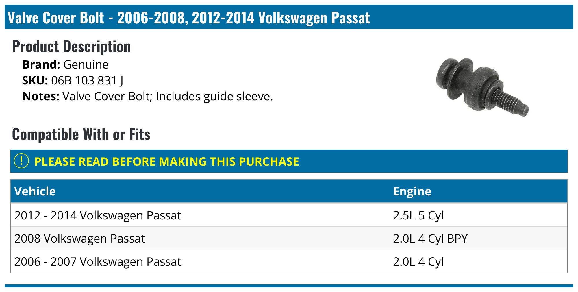 2006-2008, 2012-2014 Volkswagen Passat Valve Cover Bolt - Genuine 06B ...