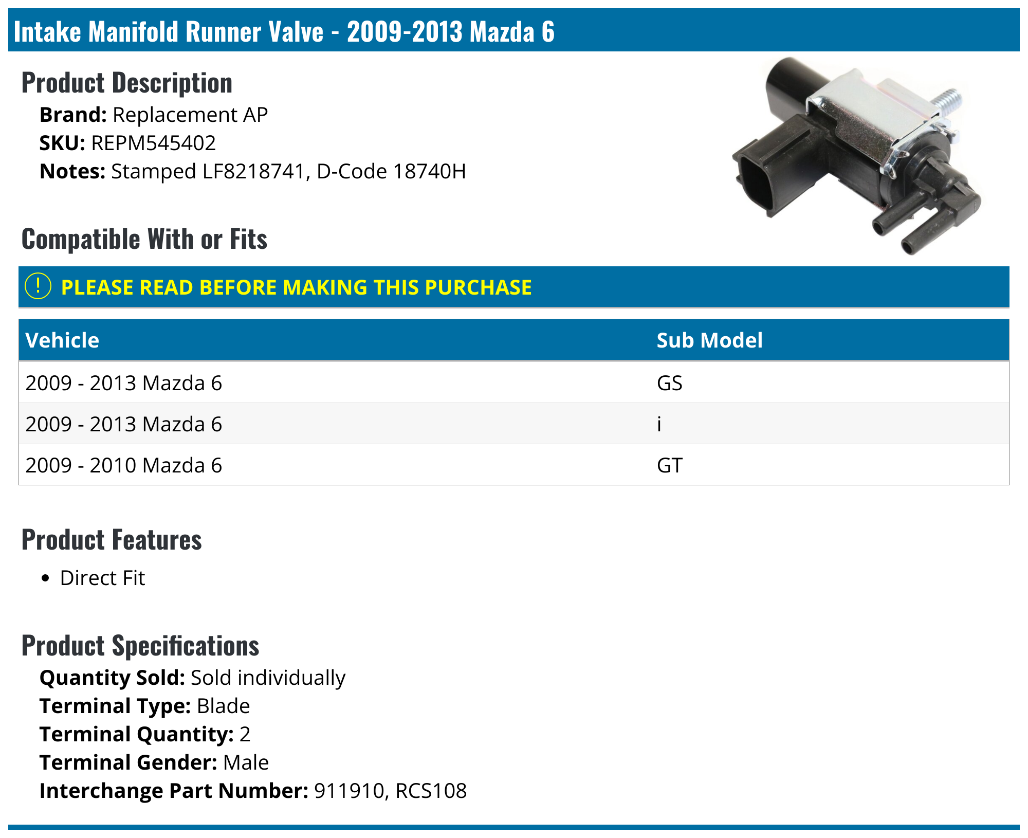 2009-2013 Mazda 6 Intake Manifold Runner Valve - Replacement AP ...