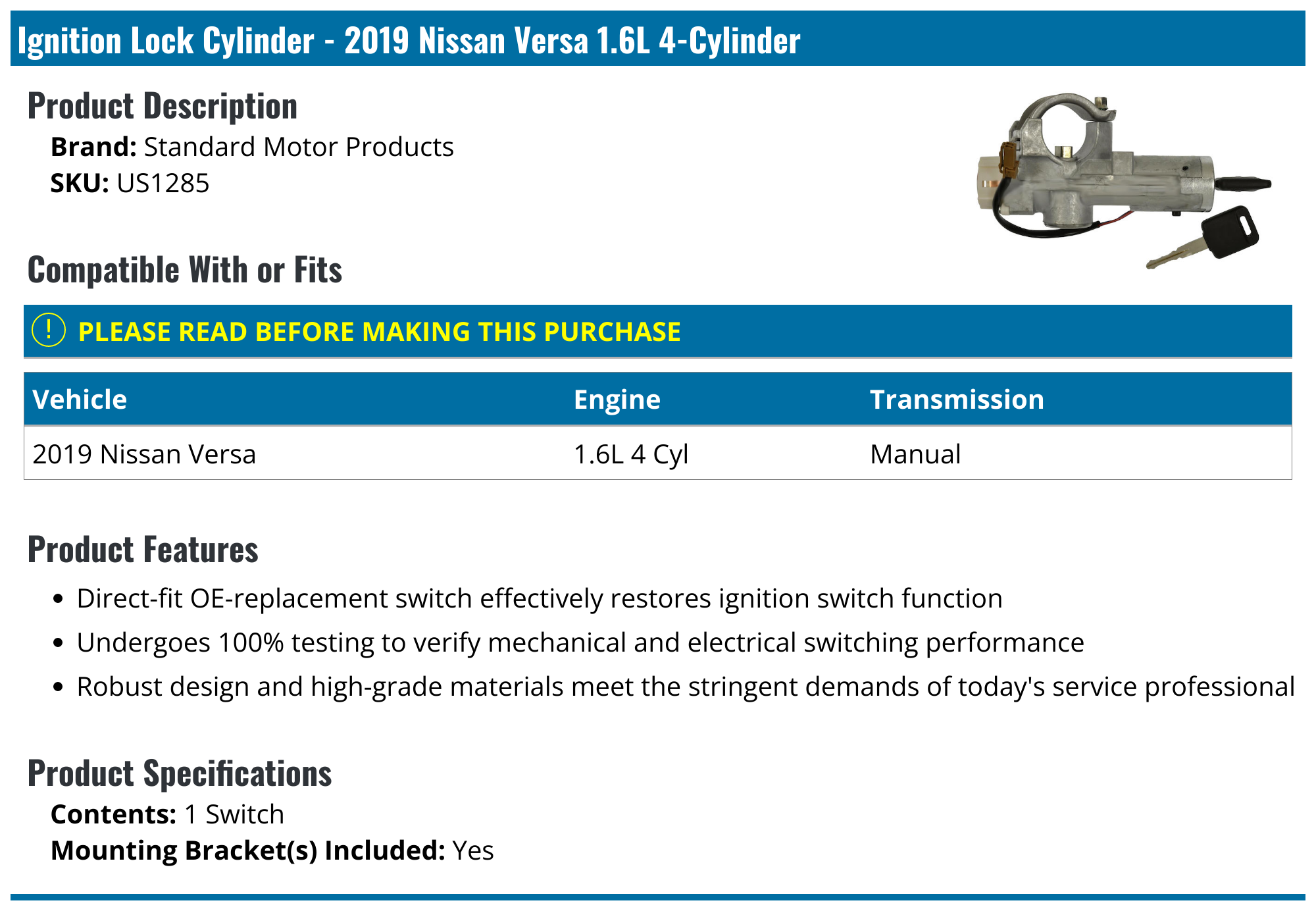 2019 Nissan Versa Ignition Lock Cylinder - Standard Motor Products ...