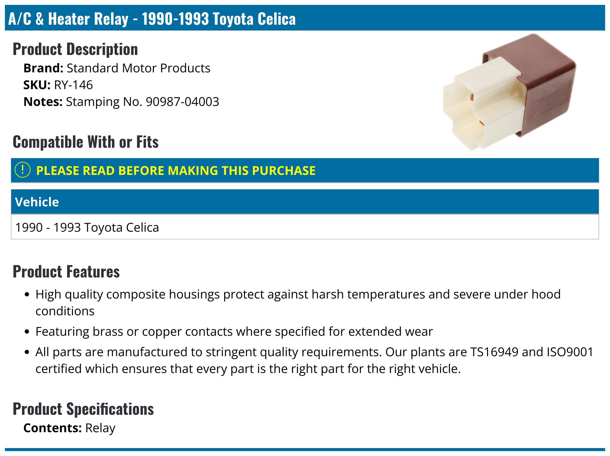 1990-1993 Toyota Celica A/C & Heater Relay - Standard Motor Products RY ...
