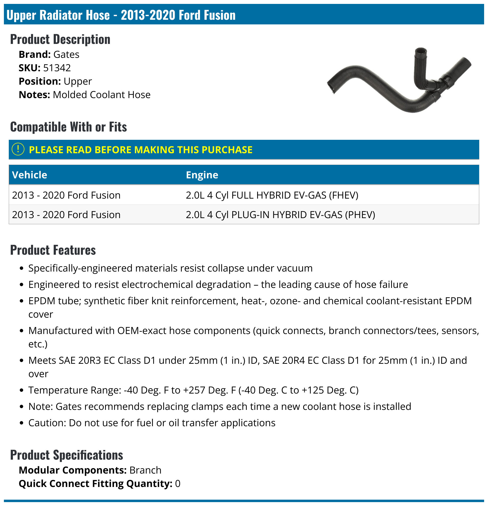 2013-2020 Ford Fusion Radiator Hose - Gates 51342 - Upper - PartsGeek.com