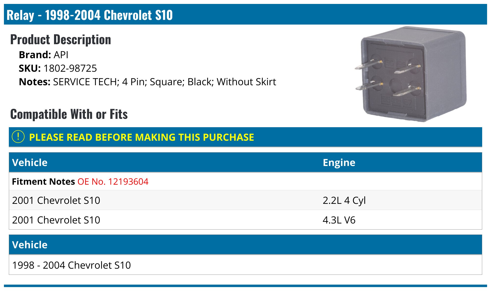 1998-2004 Chevrolet S10 Relay - API 3683-07423872 - PartsGeek.com
