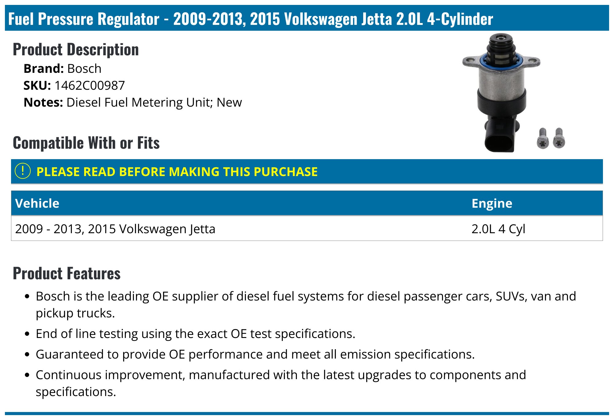 2009-2013, 2015 Volkswagen Jetta Fuel Pressure Regulator - Bosch ...