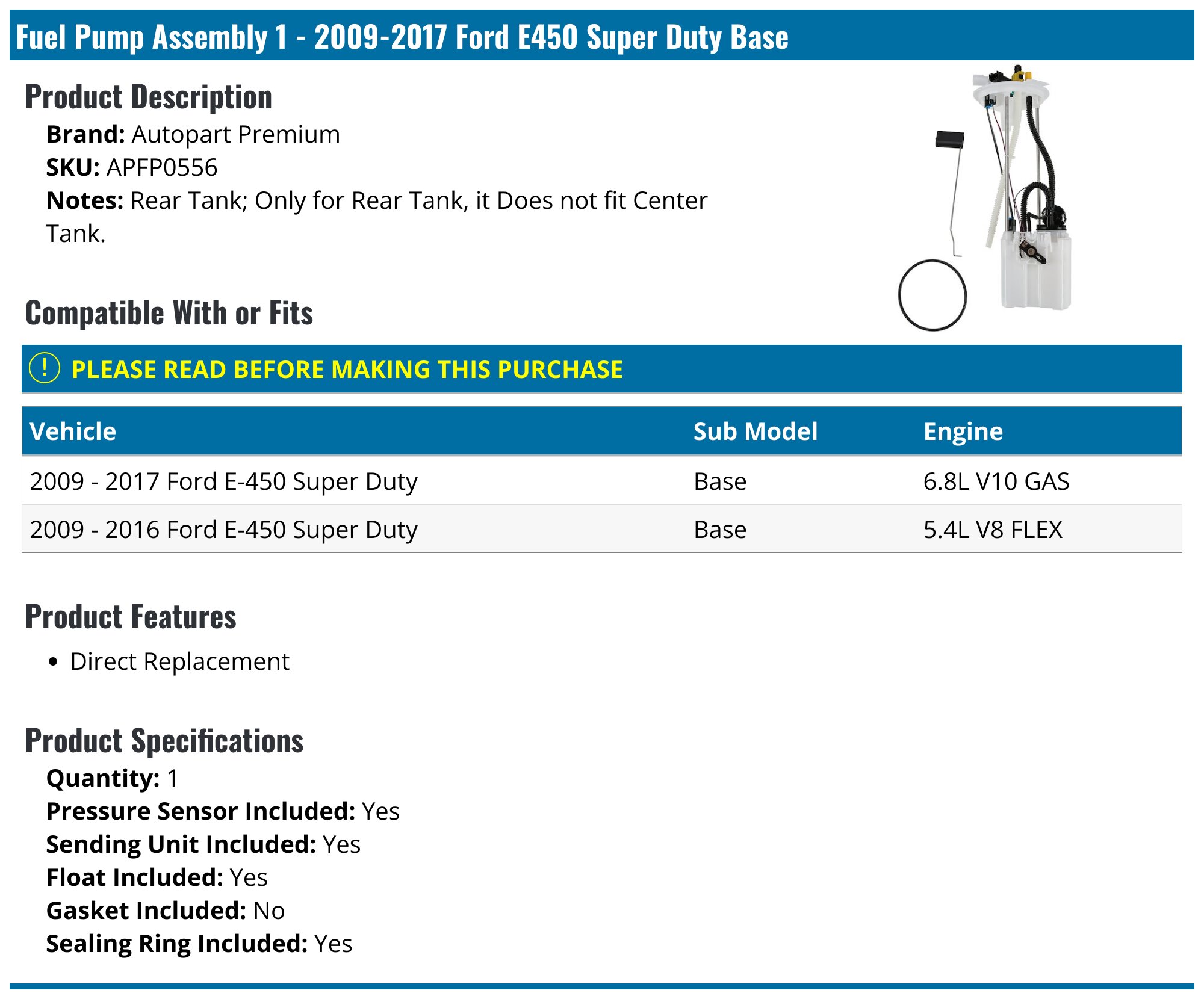 2009-2017 Ford E450 Super Duty Fuel Pump - Autopart Premium APFP0556 ...