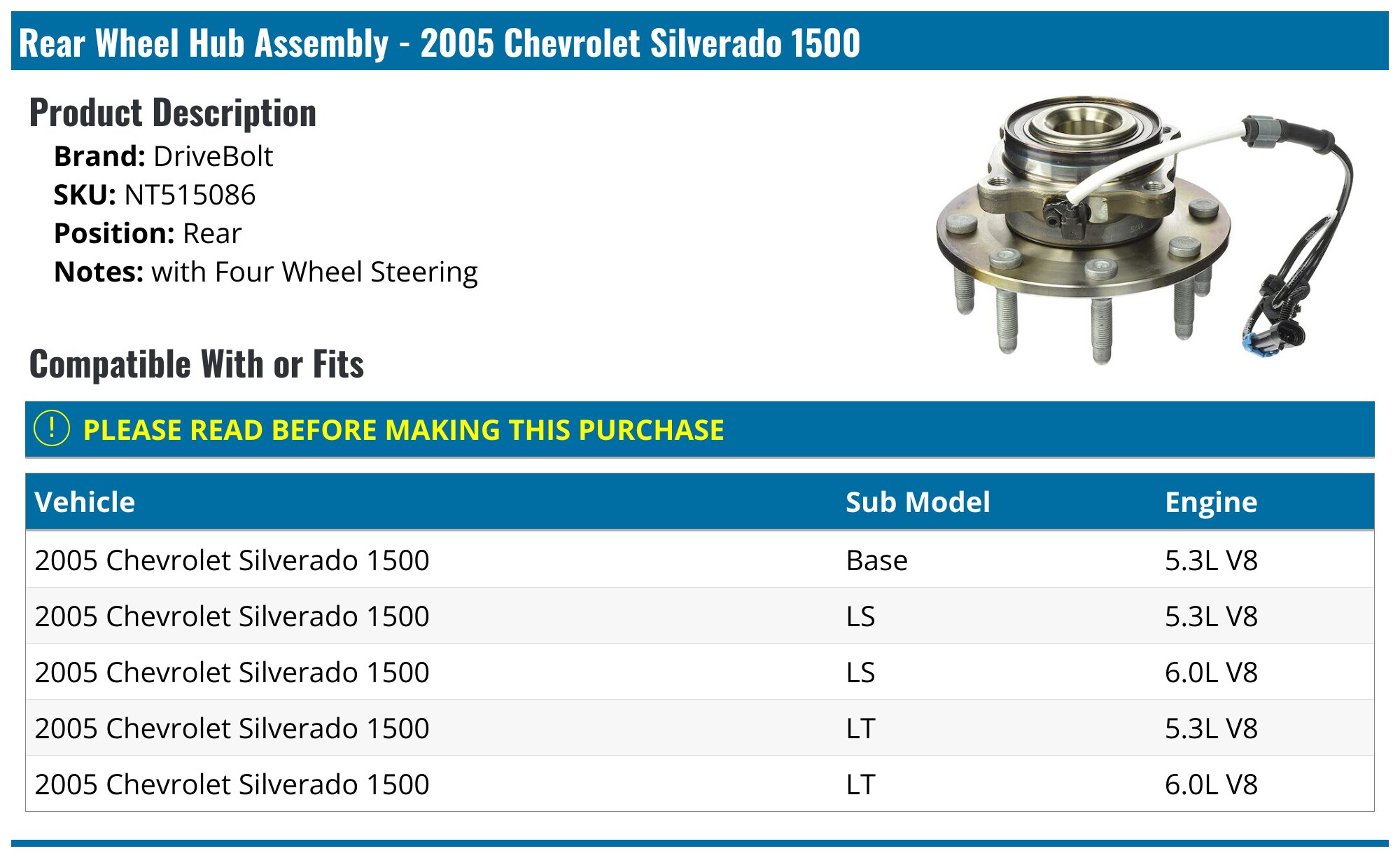 2005 Chevrolet Silverado 1500 Wheel Hub Assembly - DriveBolt NT515086 ...