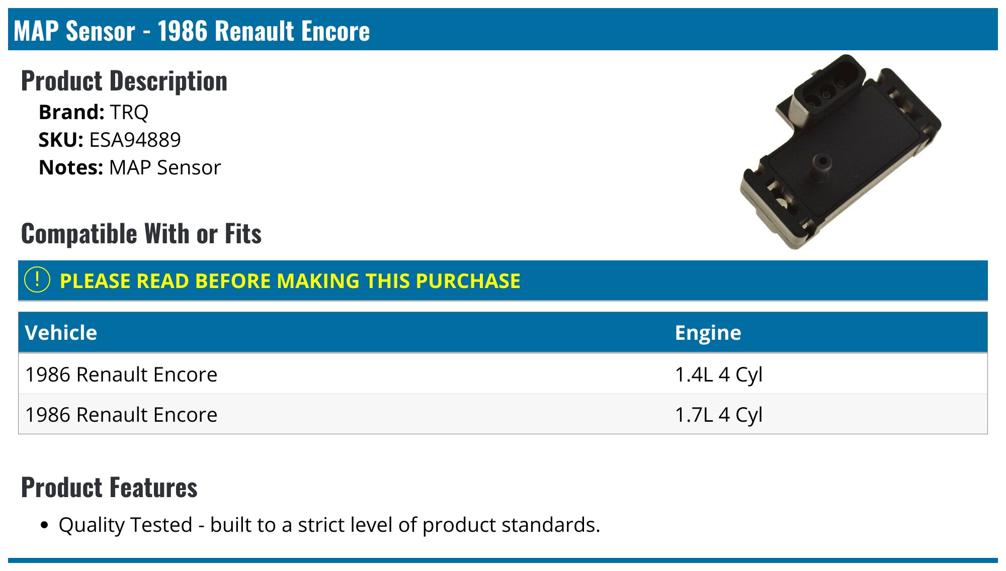 1986 Renault Encore MAP Sensor - TRQ ESA94889 - PartsGeek.com
