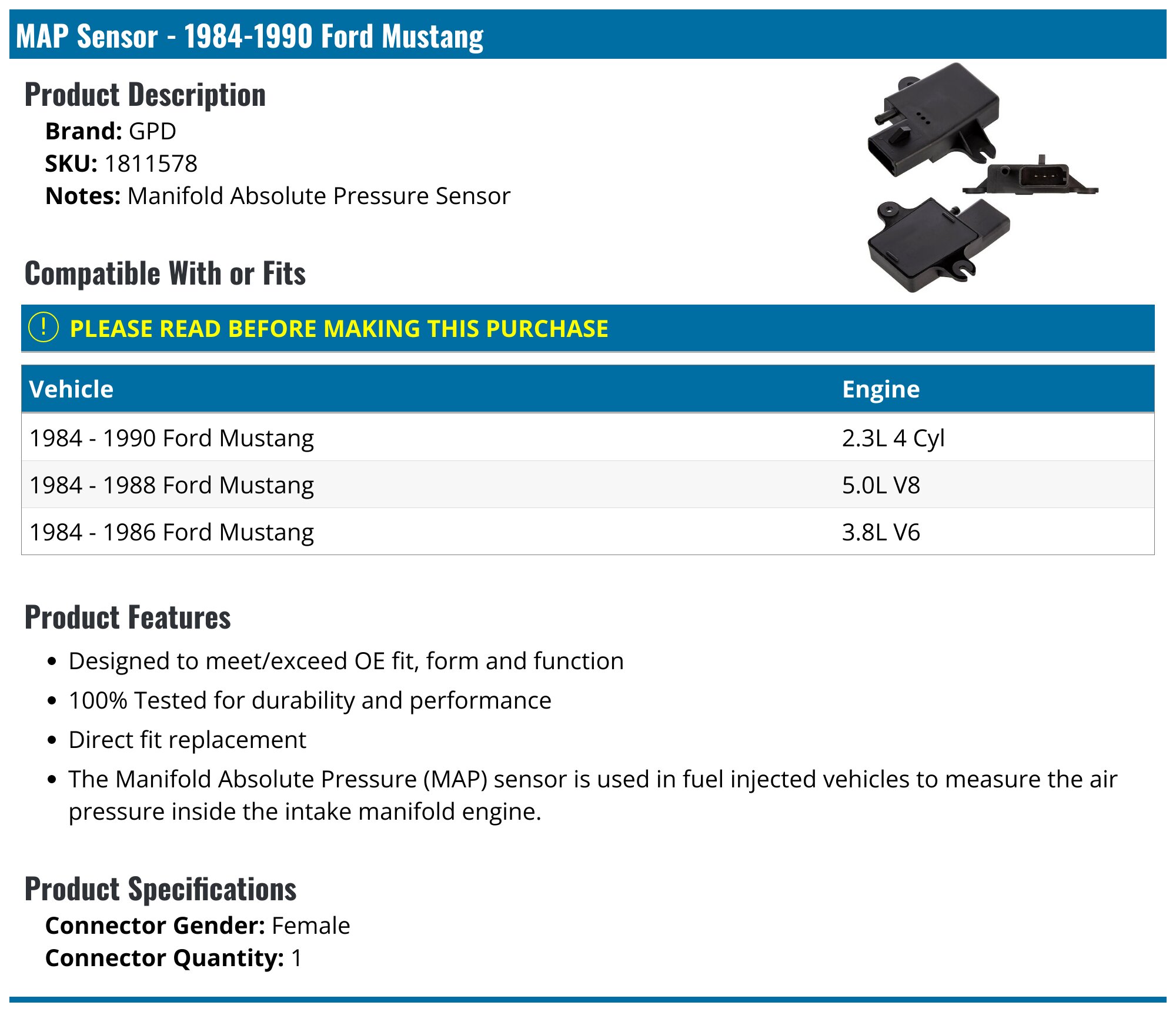 1984-1990 Ford Mustang MAP Sensor - GPD 1811578 - PartsGeek.com