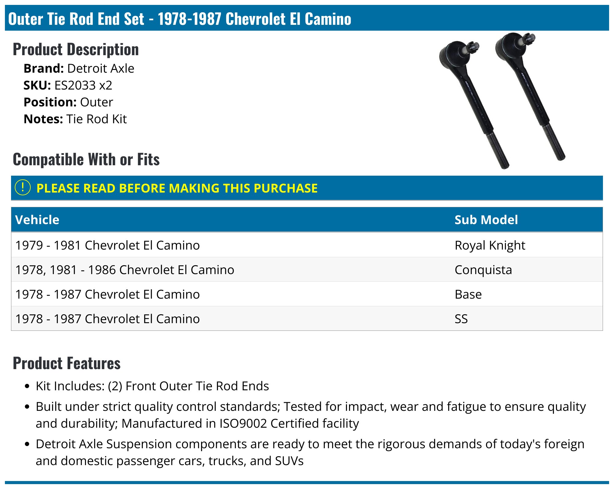 1978-1987 Chevrolet El Camino Tie Rod End - Detroit Axle ES2033 x2 ...