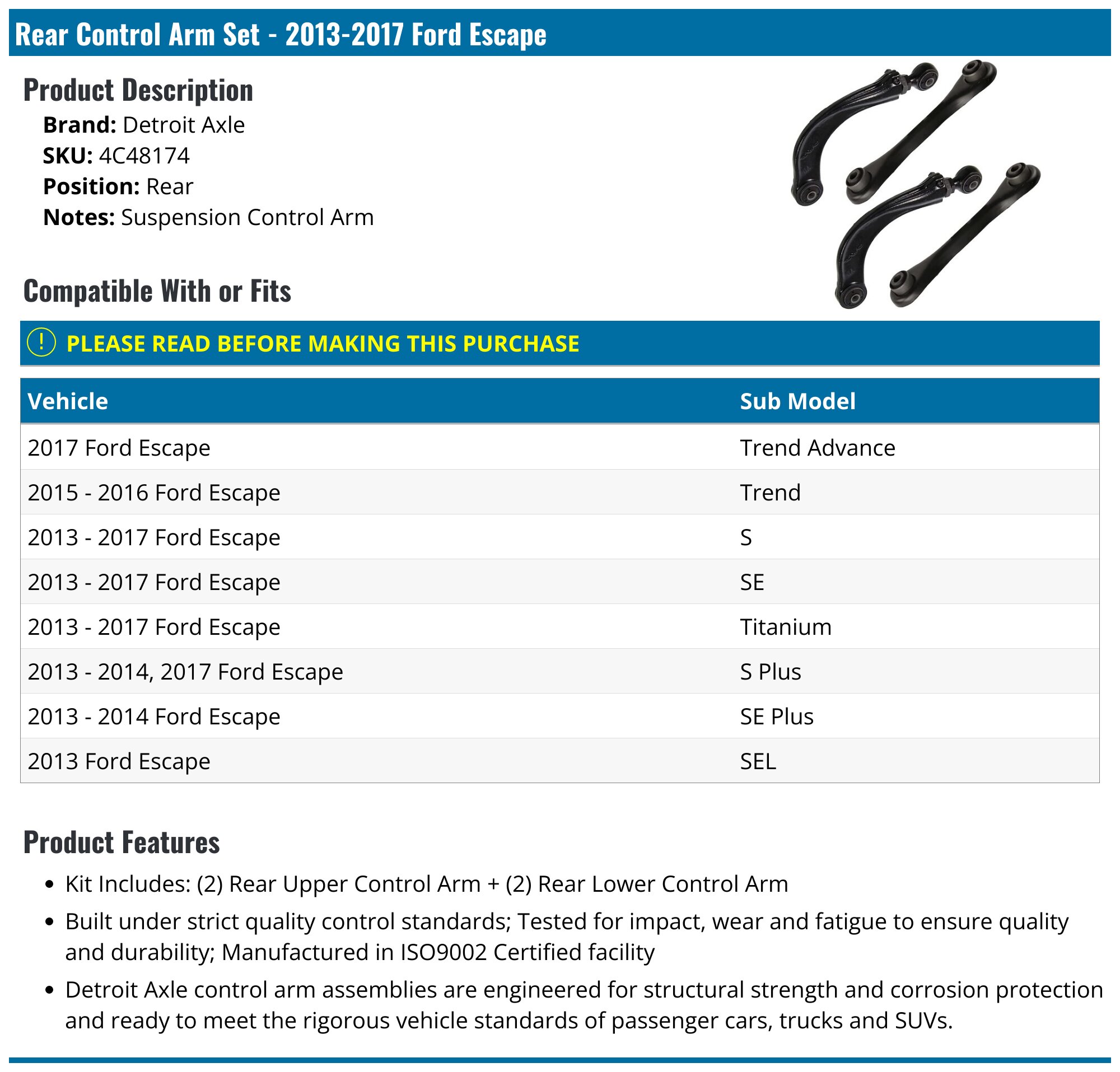 2013-2017 Ford Escape Control Arm - Detroit Axle 4C48174 - Rear ...