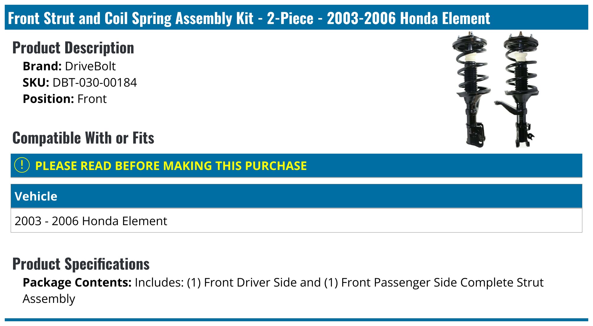 2003-2011 Honda Element Strut Assembly - DriveBolt DBT-030-00184 ...