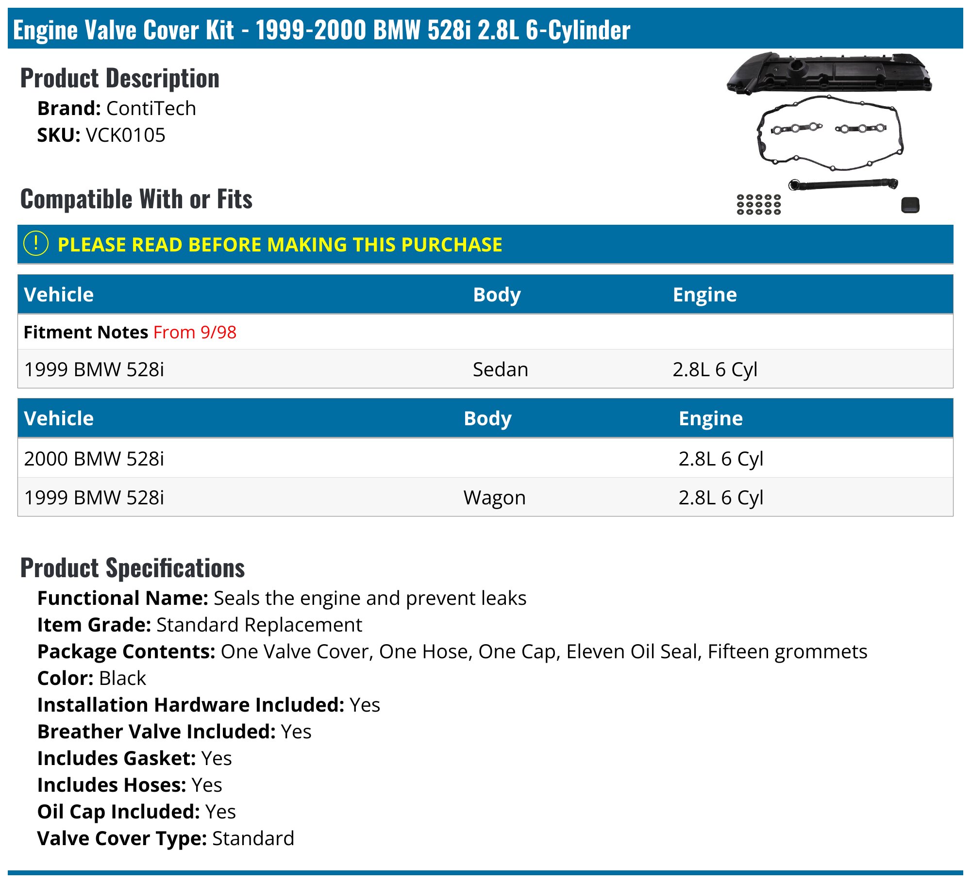 1999-2000 BMW 528i Valve Cover - ContiTech VCK0105 - PartsGeek.com