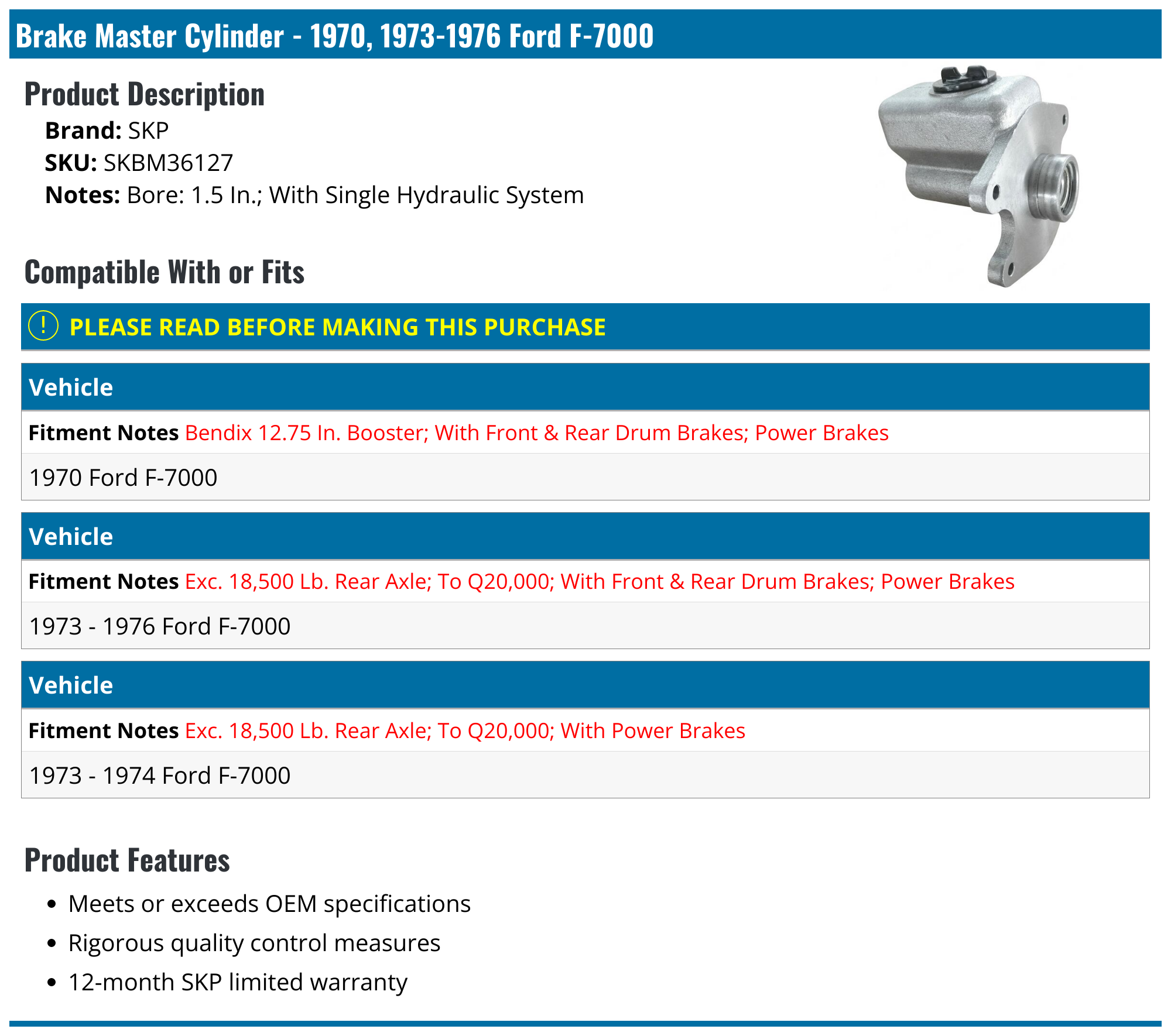 1970, 1973-1976 Ford F-7000 Brake Master Cylinder - SKP SKBM36127 ...