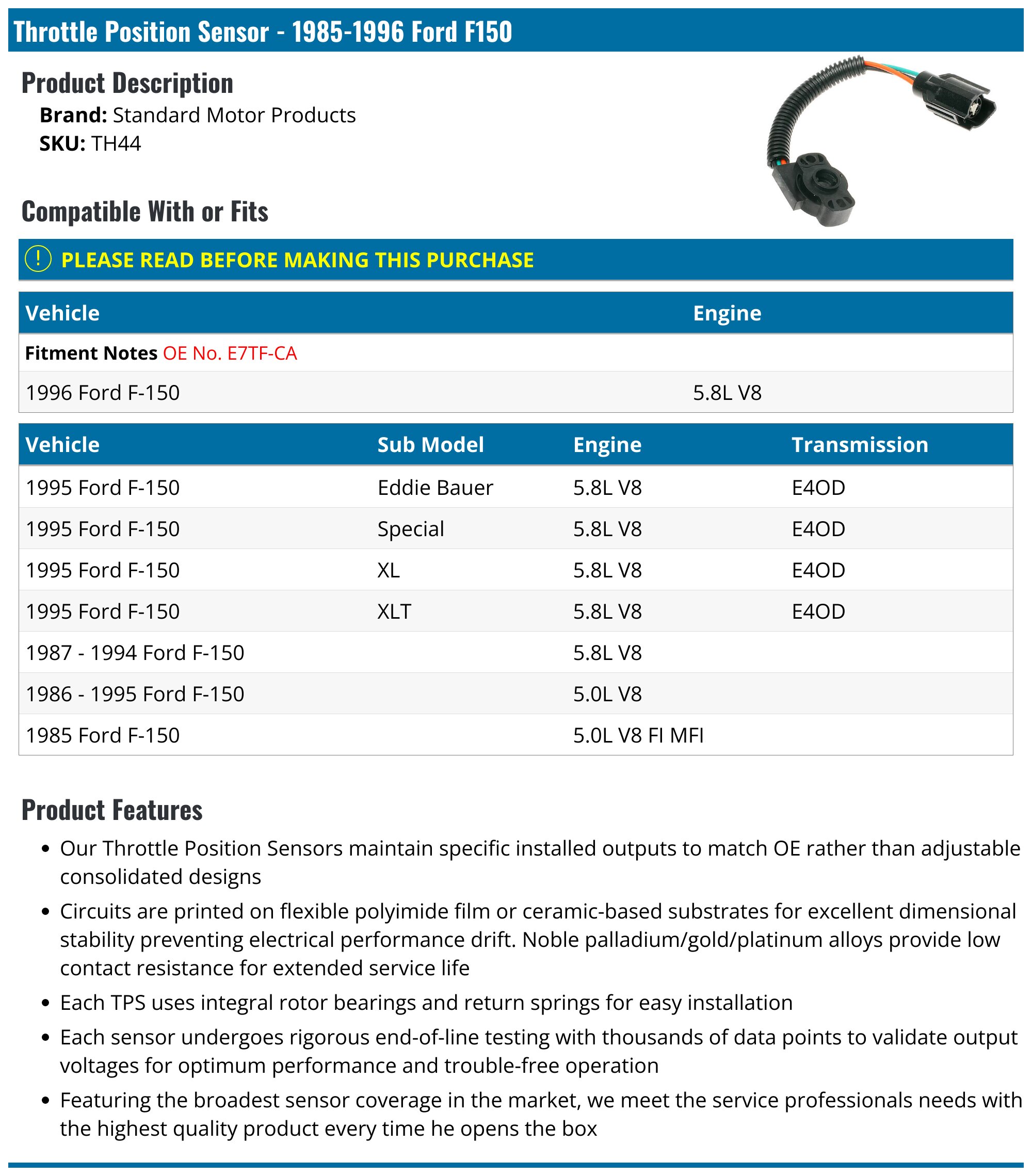 1985-1996 Ford F150 Throttle Position Sensor - Standard Motor Products ...