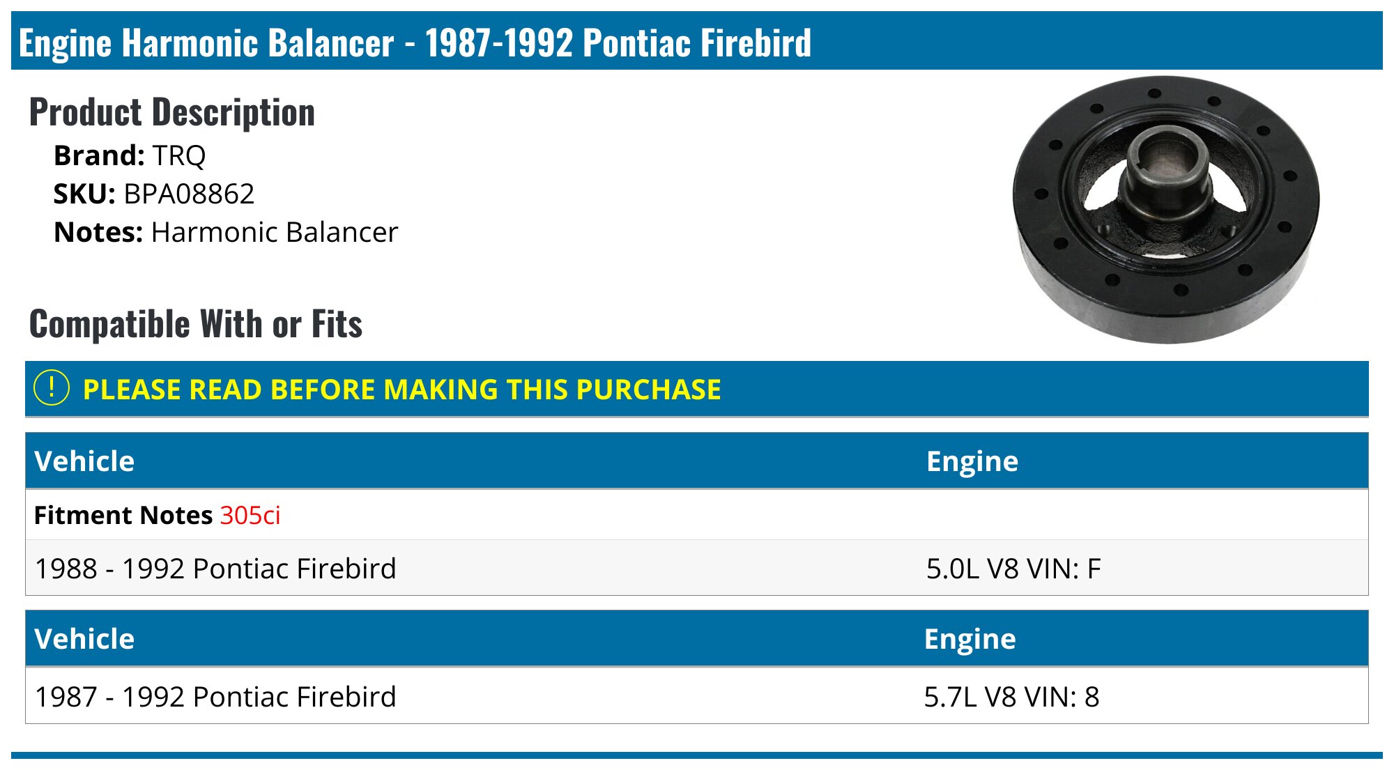 1985-1992 Pontiac Firebird Engine Harmonic Balancer - TRQ BPA08862 ...
