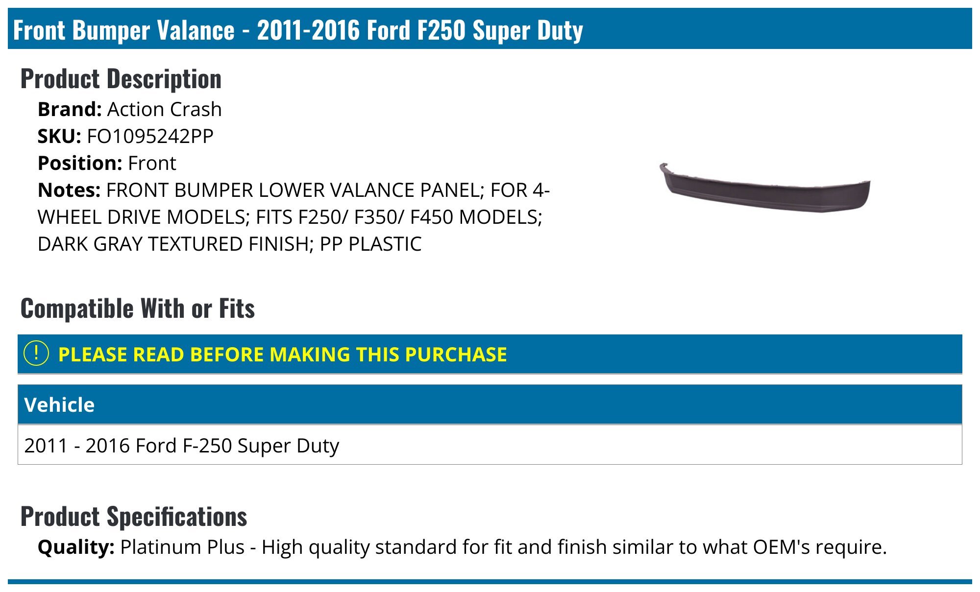 2011-2016 Ford F250 Super Duty Bumper Valance - Action Crash ...