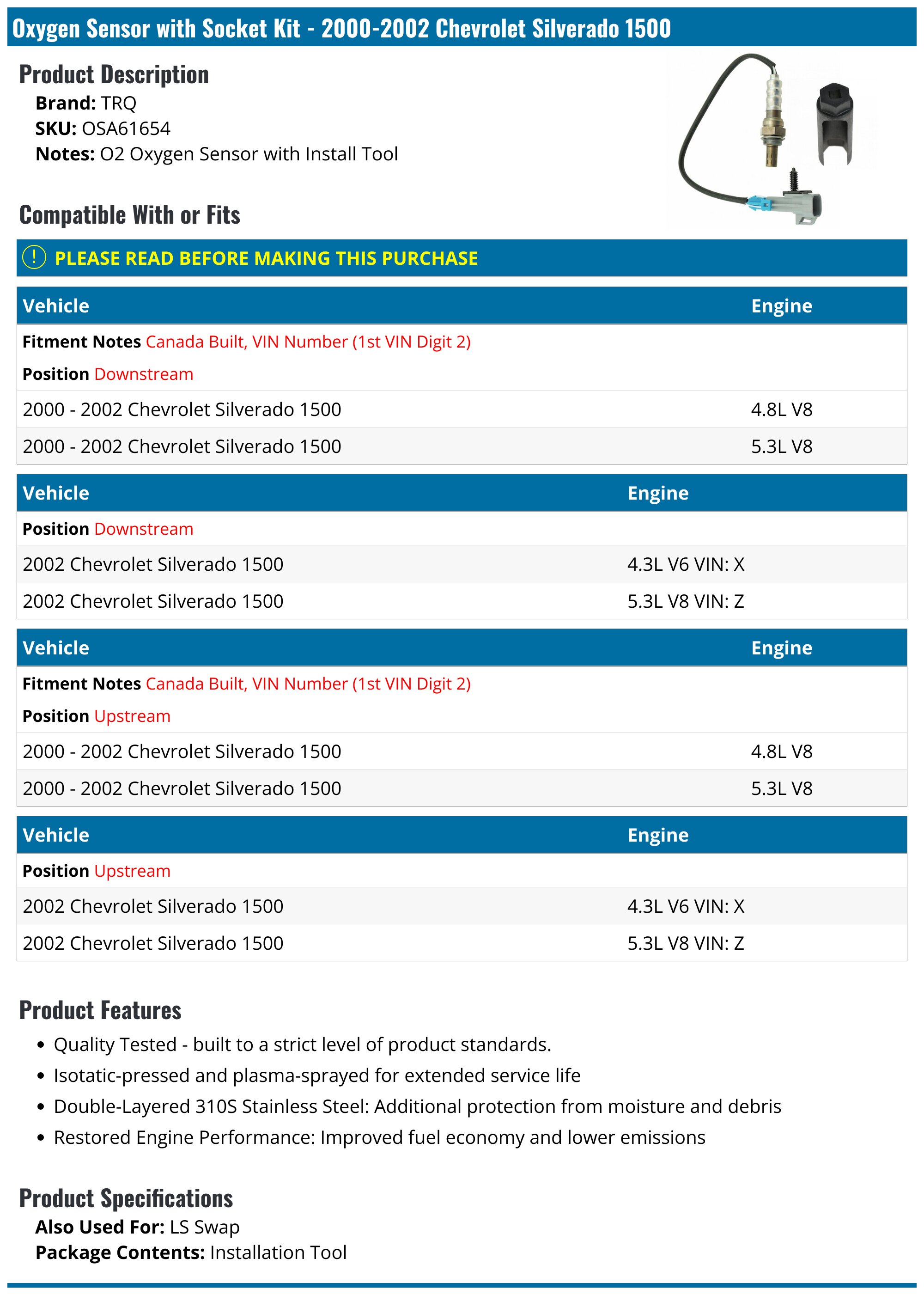 2000-2002 Chevrolet Silverado 1500 Oxygen Sensor - TRQ OSA61654 ...