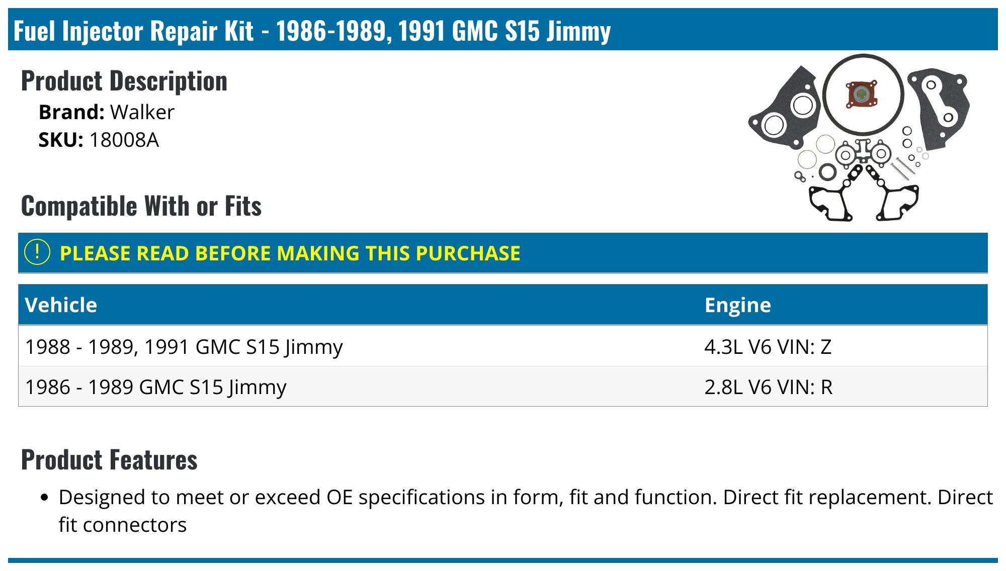 1986-1989 GMC S15 Jimmy Fuel Injector Repair Kit - Walker 18008A ...