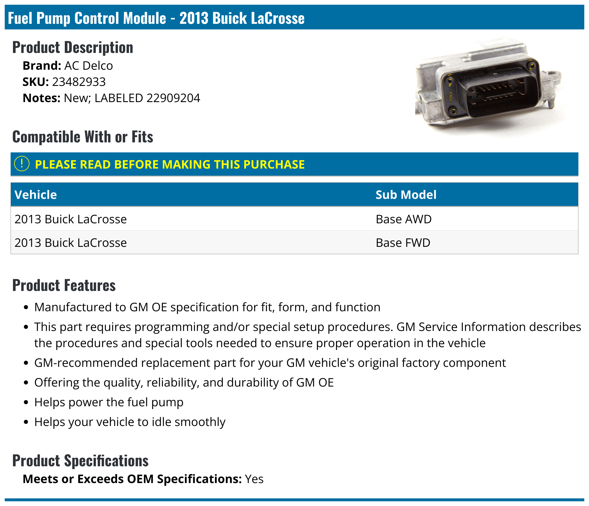 2013 Buick LaCrosse Fuel Pump Control Module - AC Delco 23482933 ...