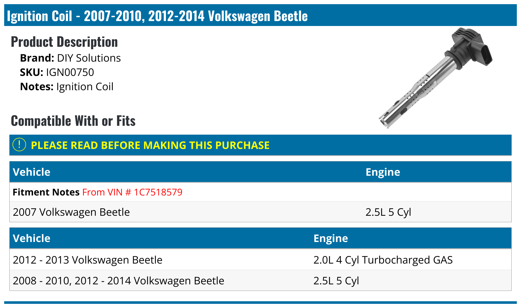 2007-2010, 2012-2014 Volkswagen Beetle Ignition Coil - DIY Solutions ...