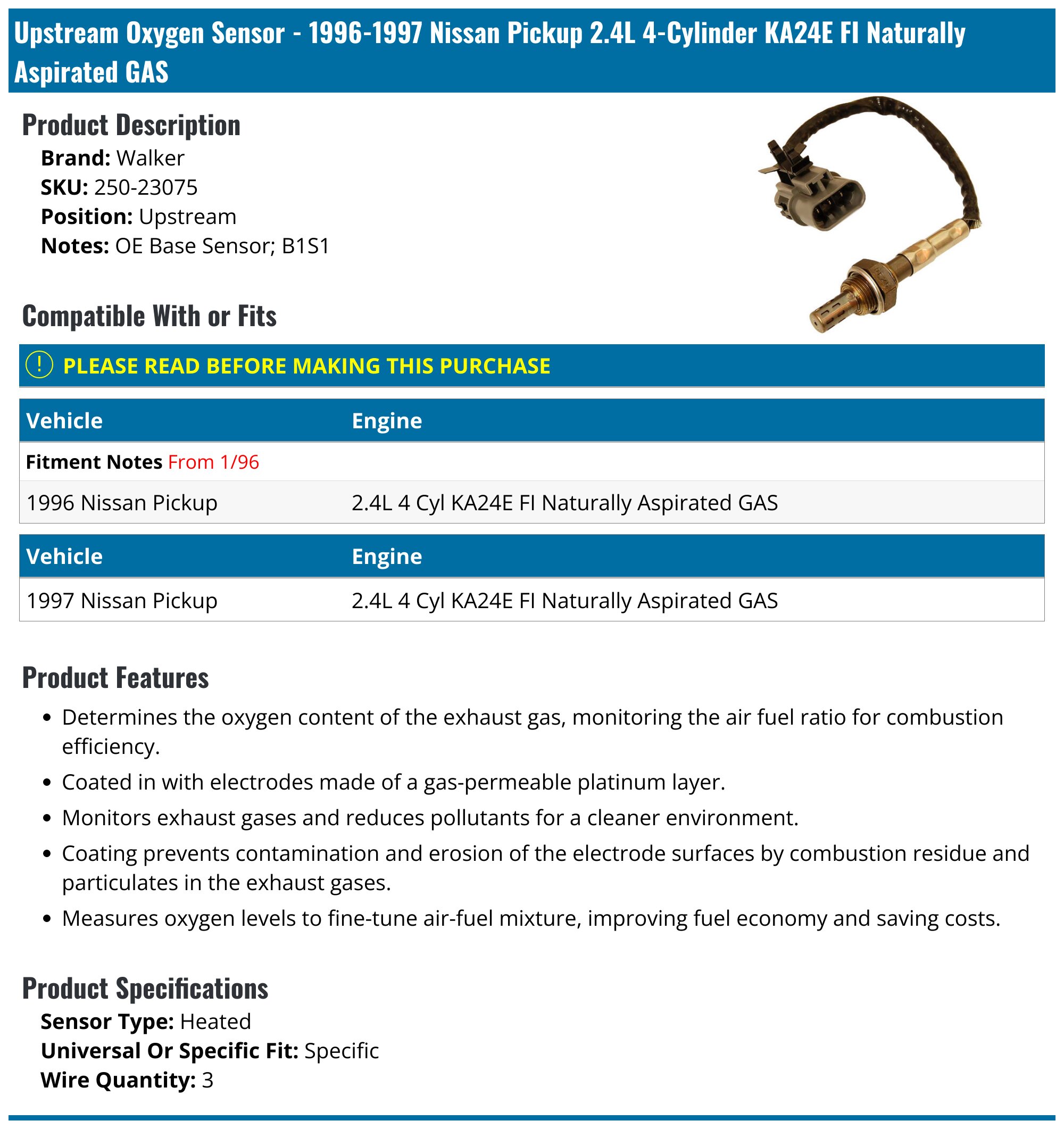 1996-1997 Nissan Pickup Oxygen Sensor - Walker 250-23075 - Upstream ...