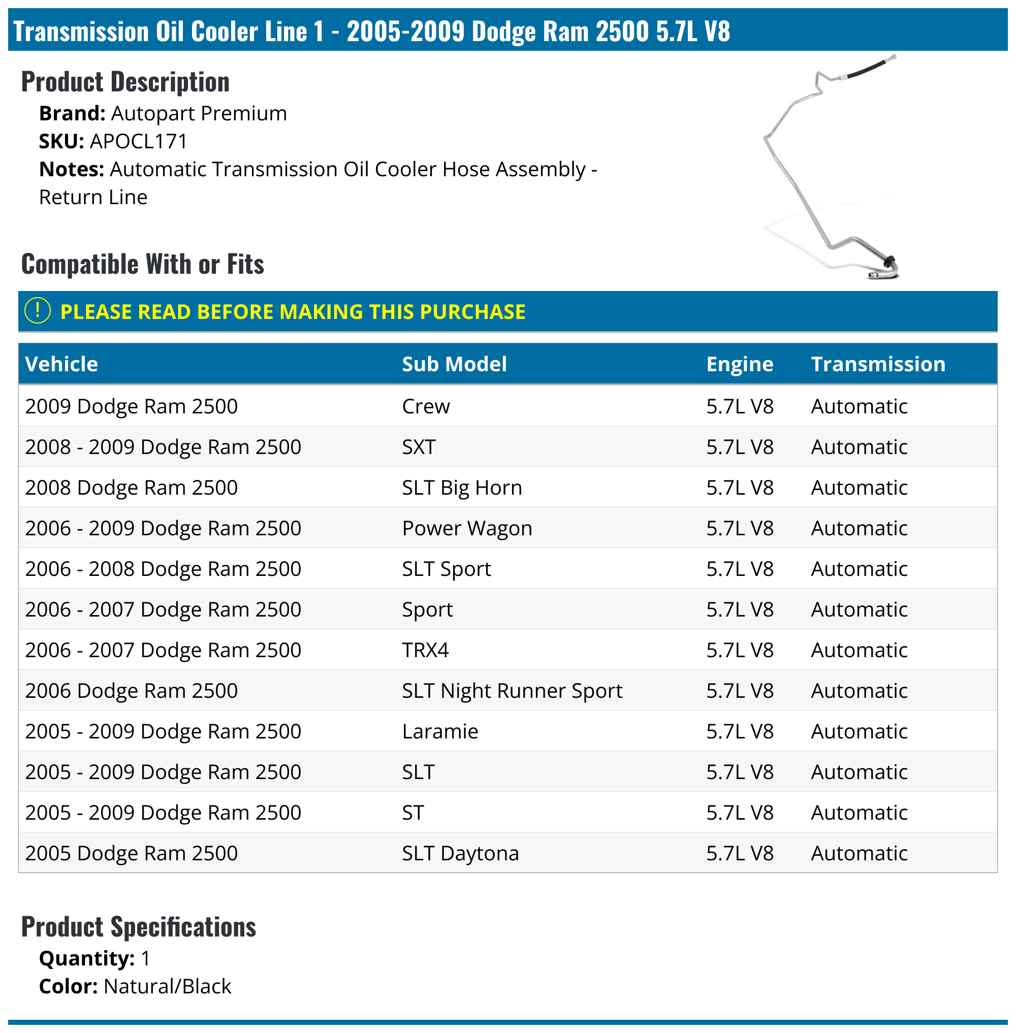 2005-2009 Dodge Ram 2500 Transmission Oil Cooler Line - Autopart ...
