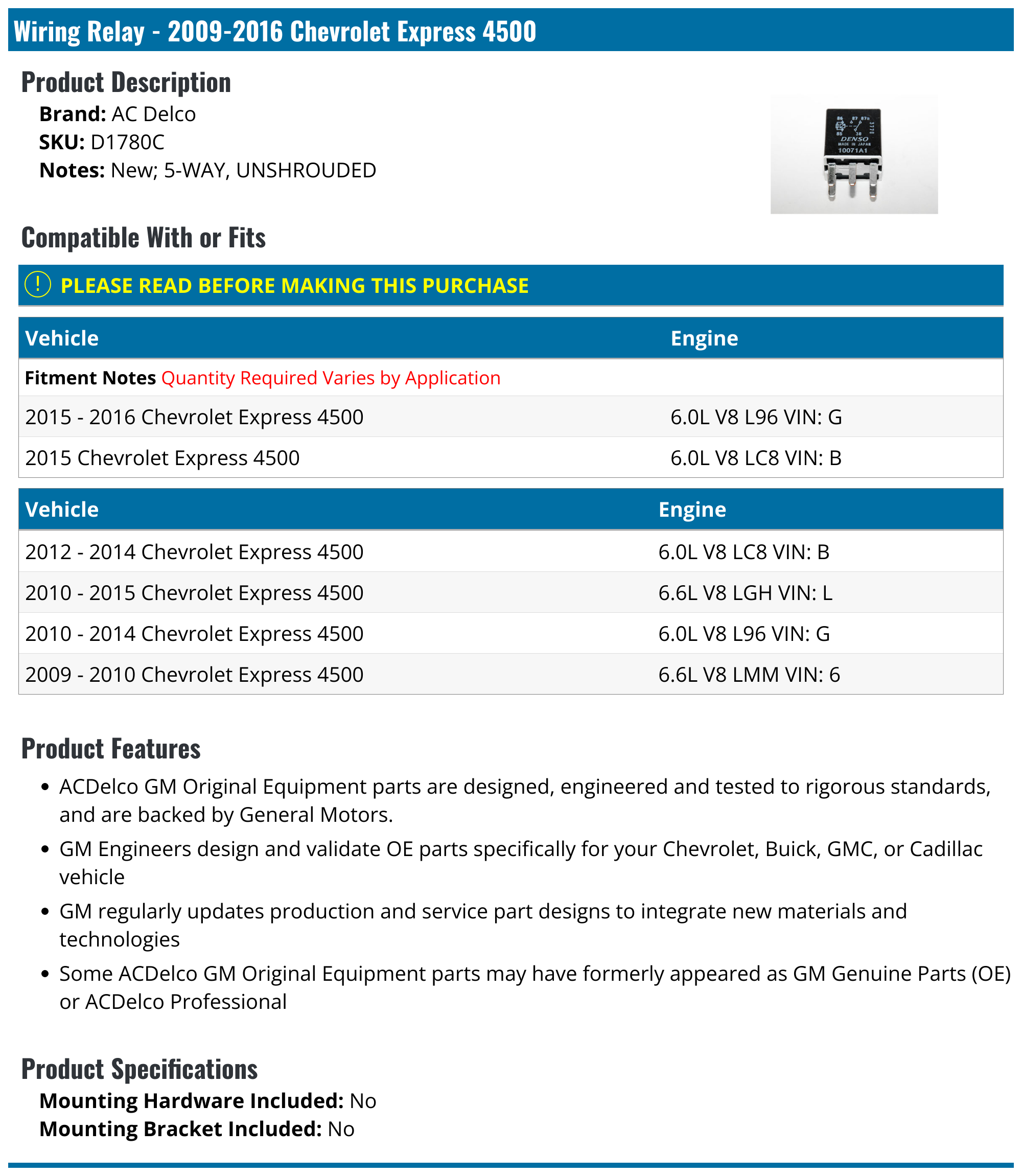 2009-2016 Chevrolet Express 4500 Wiring Relay - AC Delco D1780C ...