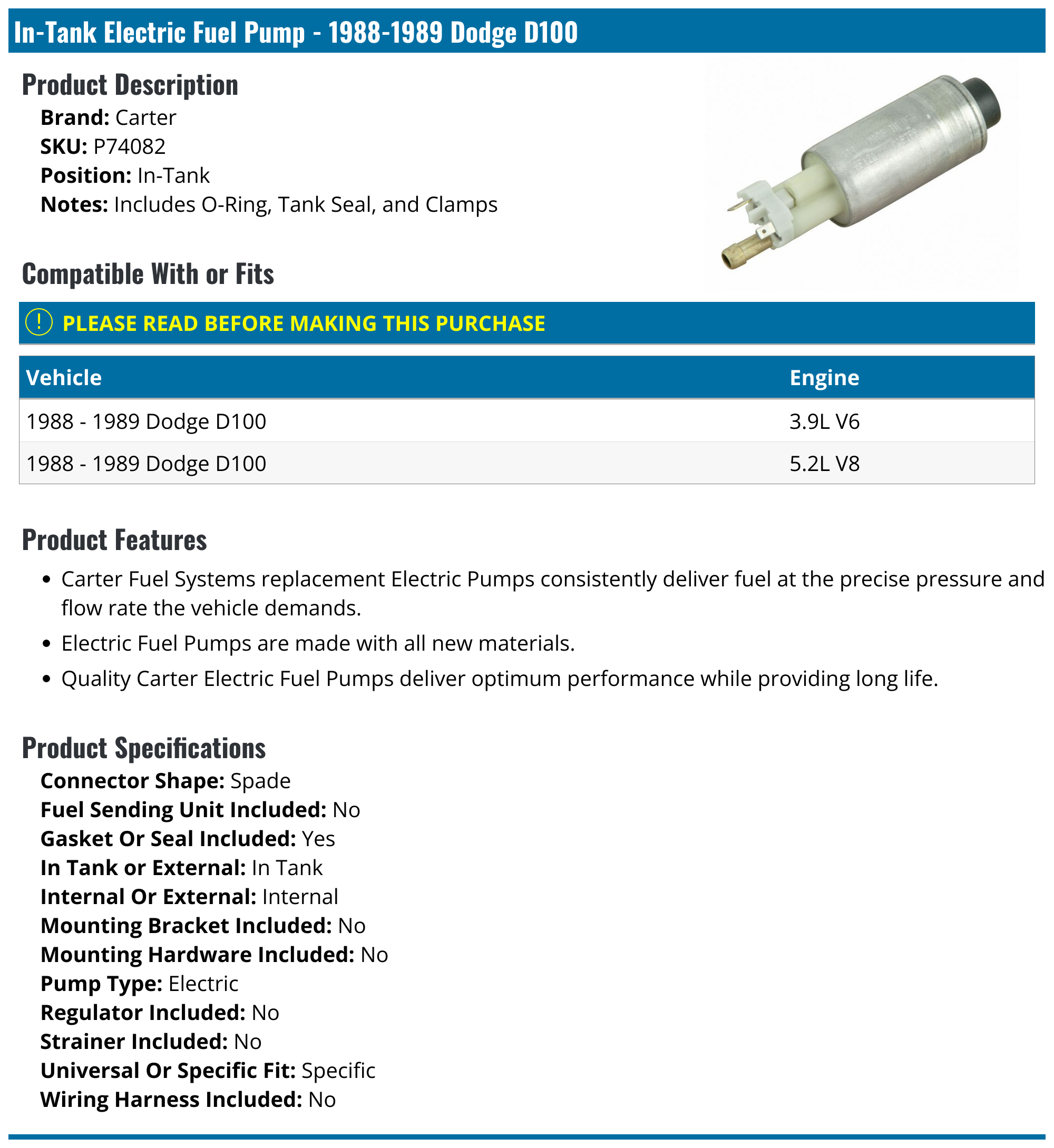 1988-1989 Dodge D100 Fuel Pump - Carter P74082 - PartsGeek.com