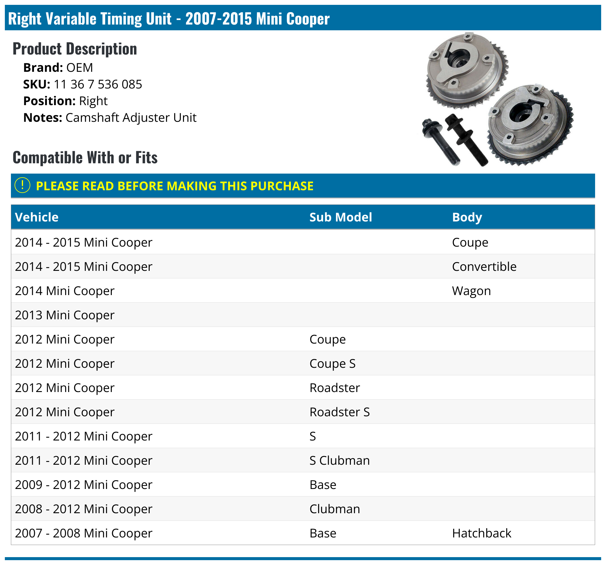 2007-2015 Mini Cooper Camshaft Adjuster - OEM 11 36 7 536 085 - Right ...