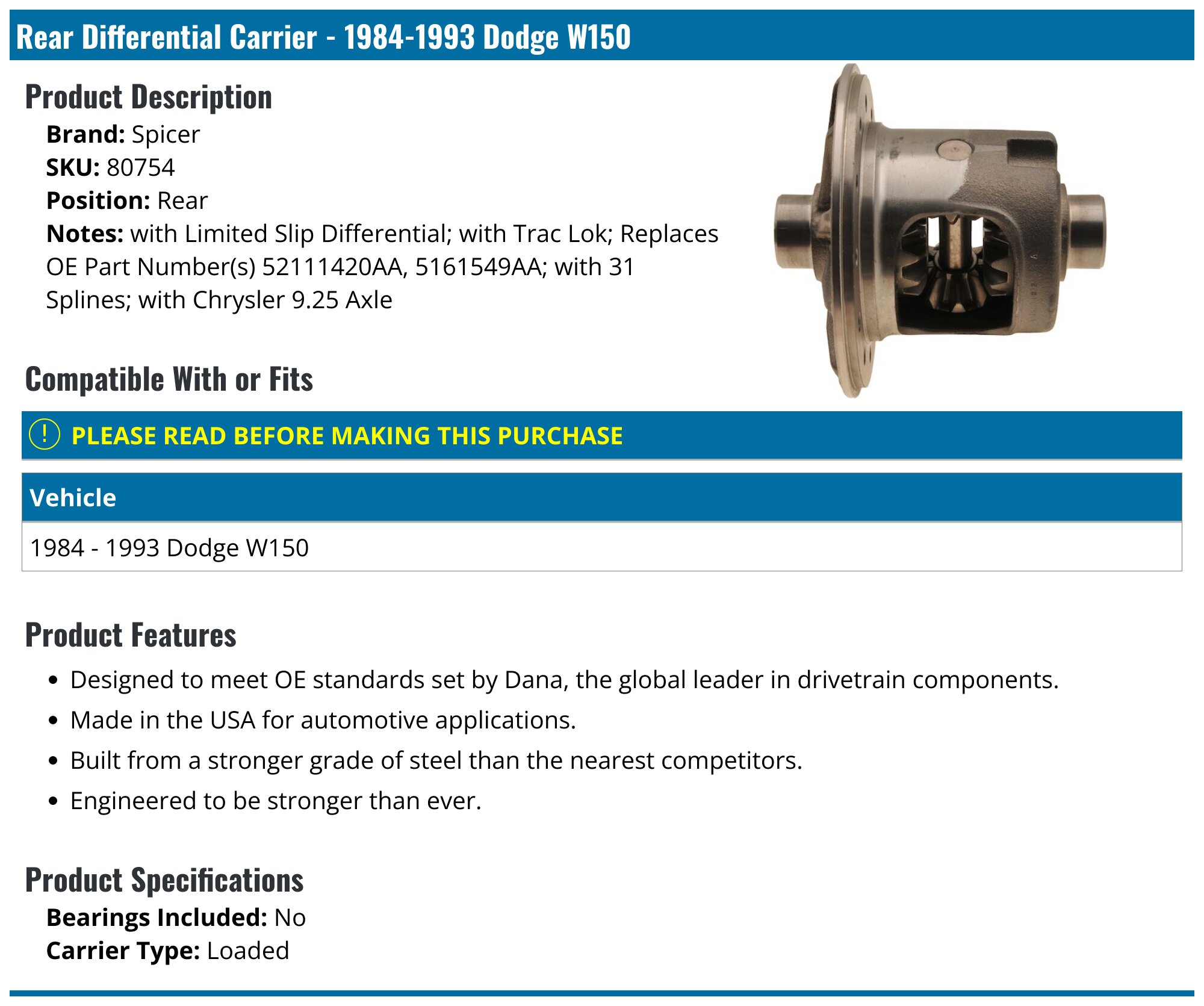 1984-1993 Dodge W150 Differential Carrier - Spicer 80754 - Rear ...