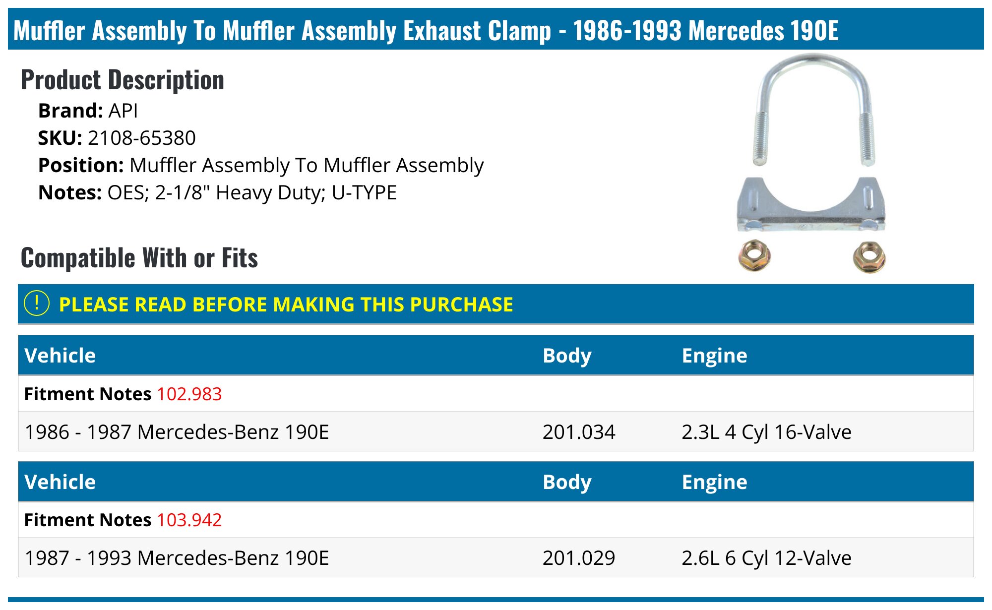 1986-1993 Mercedes 190E Exhaust Clamp - API 6127-07185470 - Muffler ...