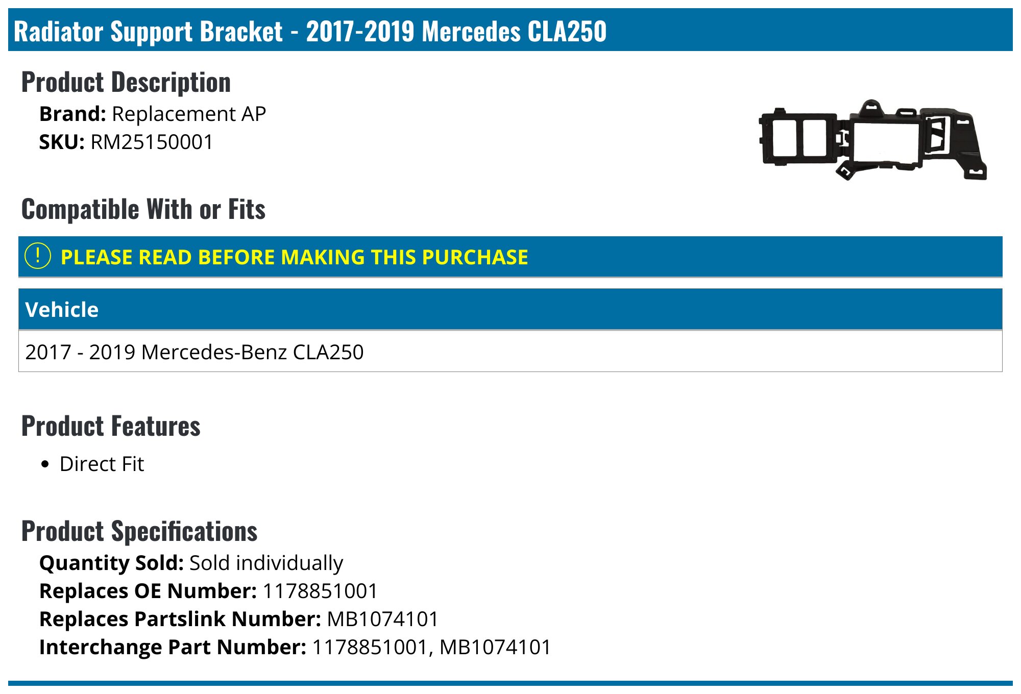 2017-2019 Mercedes CLA250 Radiator Support Bracket - Replacement AP ...