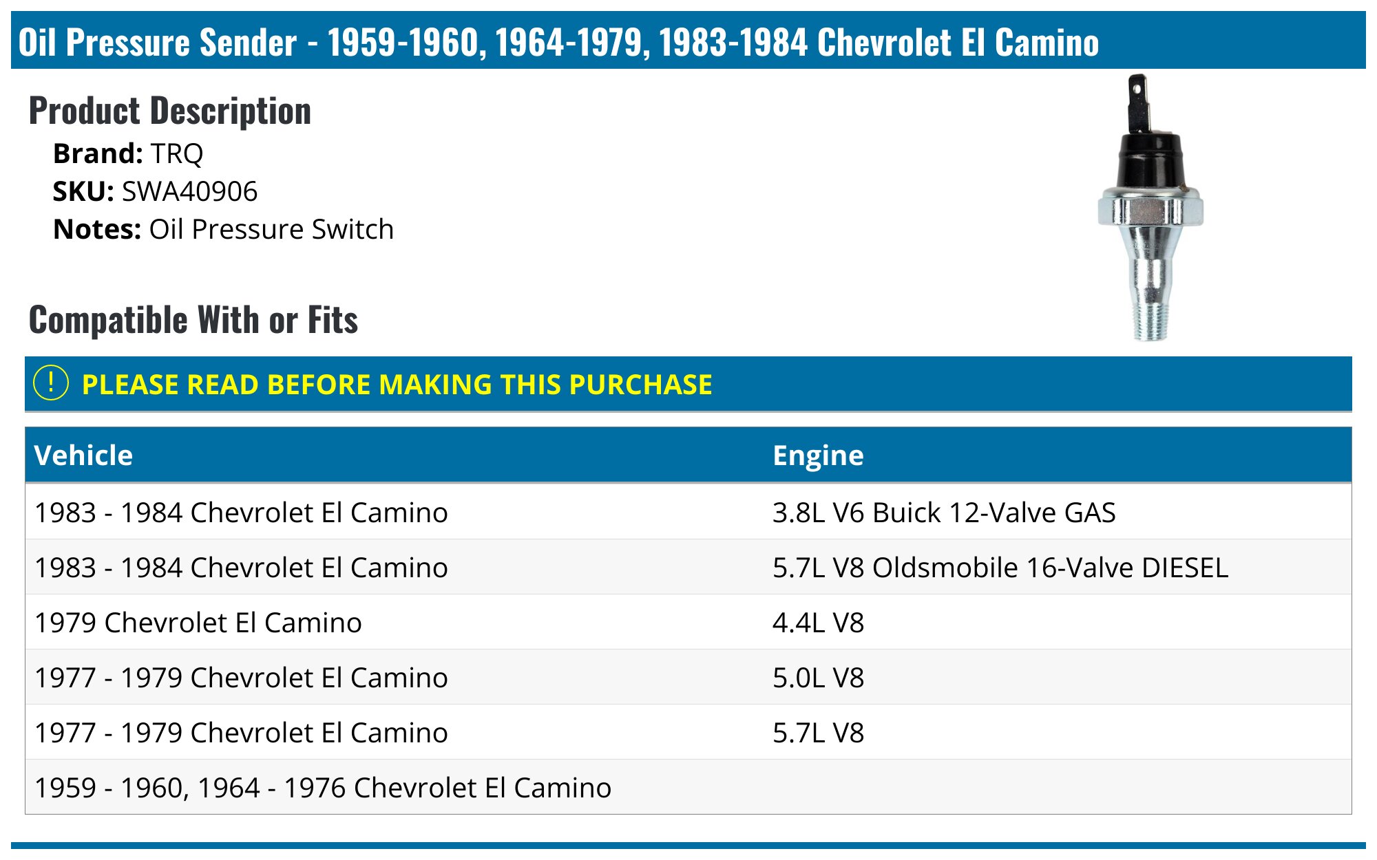 1959-1960, 1964-1979, 1983-1984 Chevrolet El Camino Oil Pressure Sender ...
