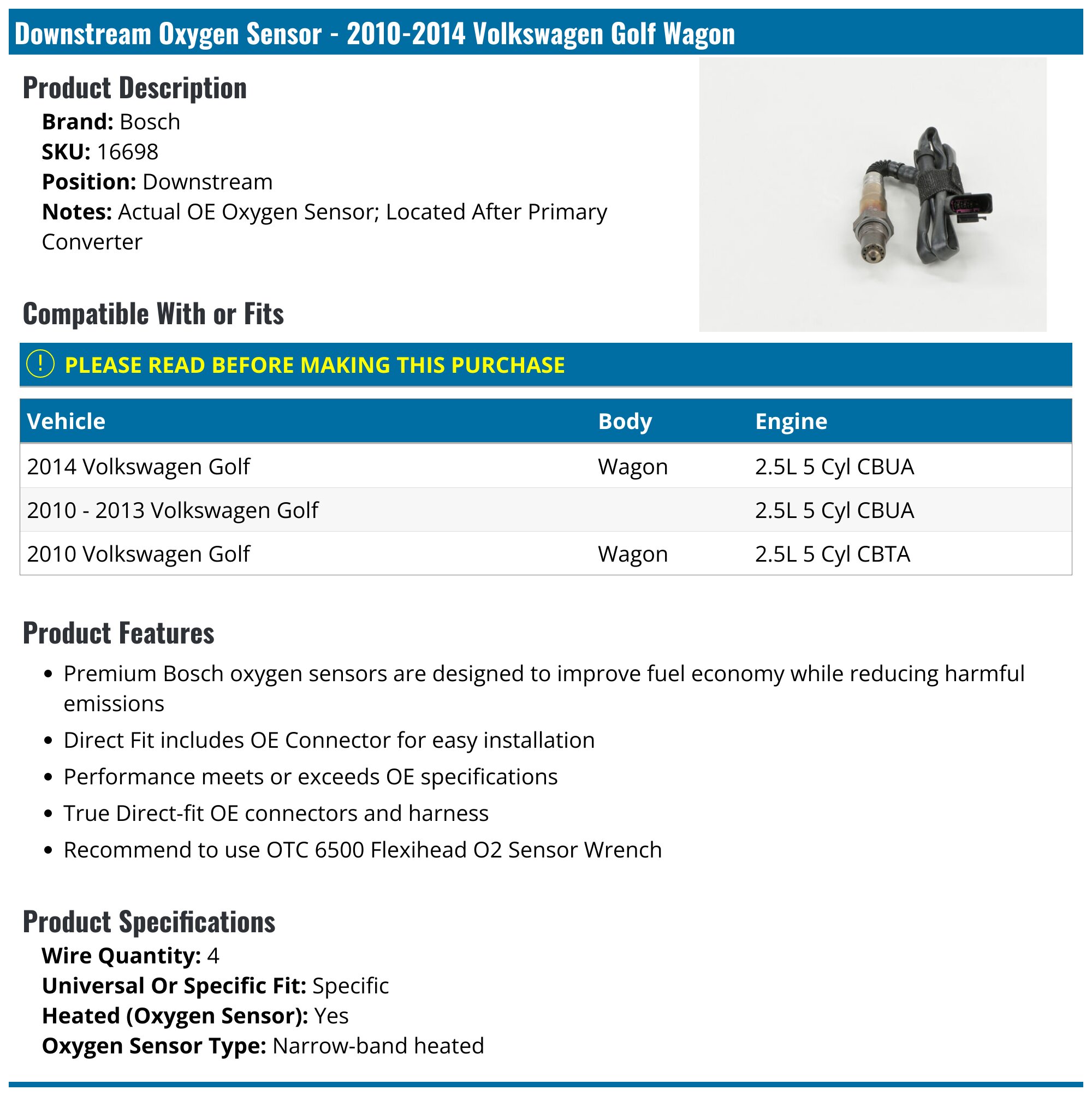 2010-2014 Volkswagen Golf Oxygen Sensor - Bosch 16698 - Downstream ...