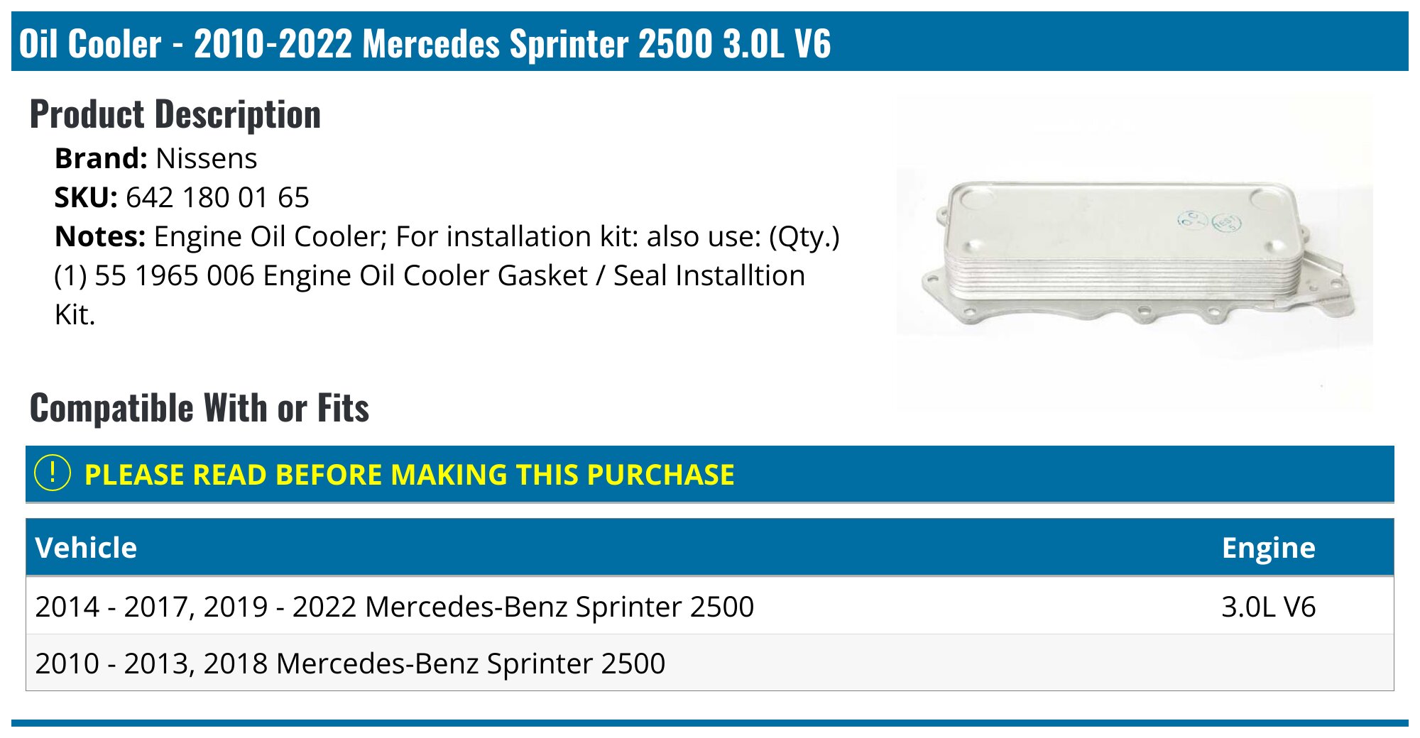 2010-2022 Mercedes Sprinter 2500 Oil Cooler - Nissens 642 180 01 65 ...