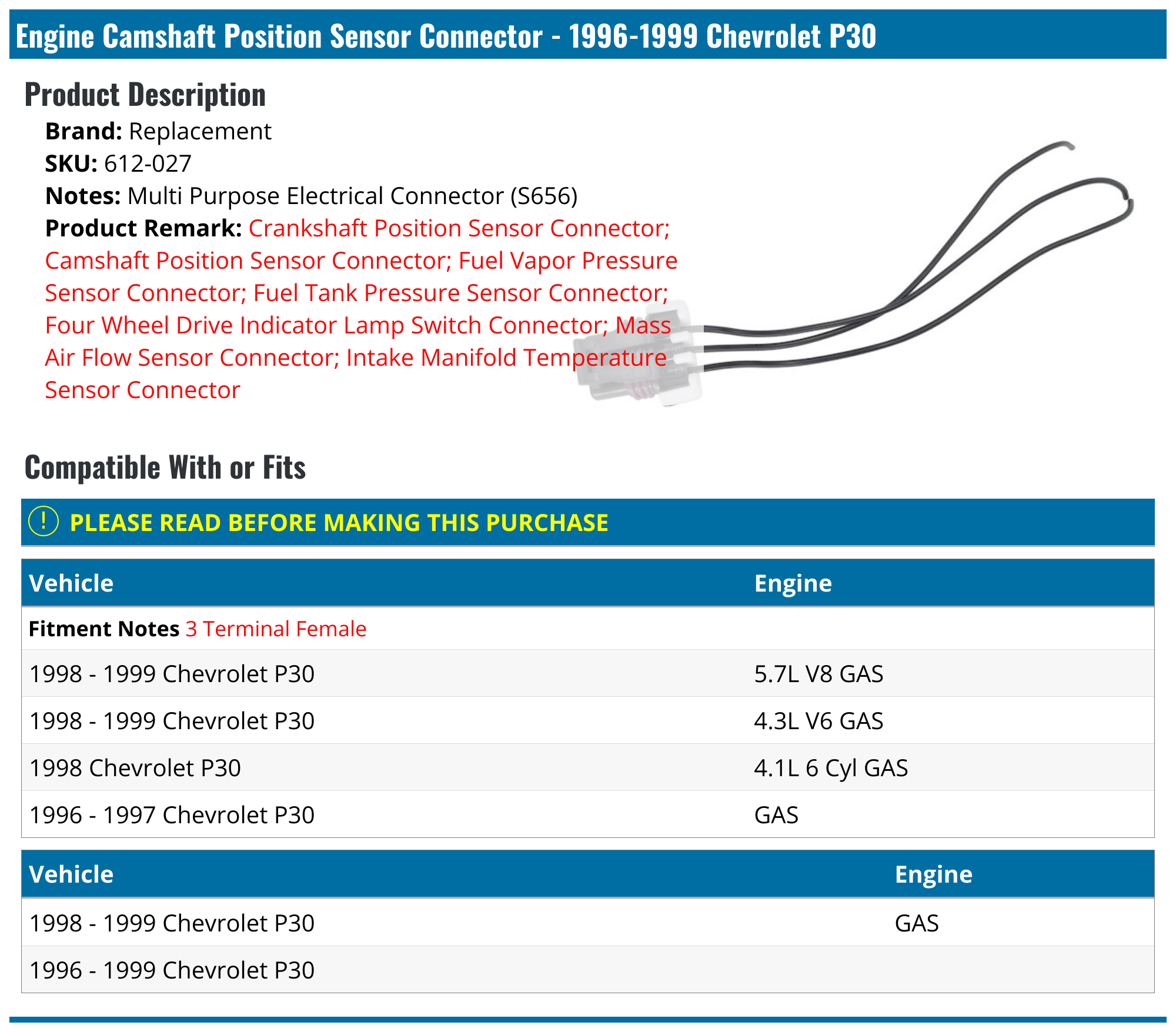 1996-1999 Chevrolet P30 Engine Camshaft Position Sensor Connector ...