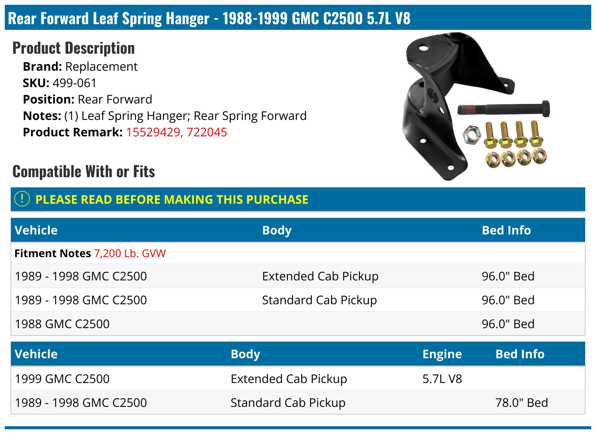 1988-1999 GMC C2500 Leaf Spring Hanger - Replacement 499-061 - Rear ...