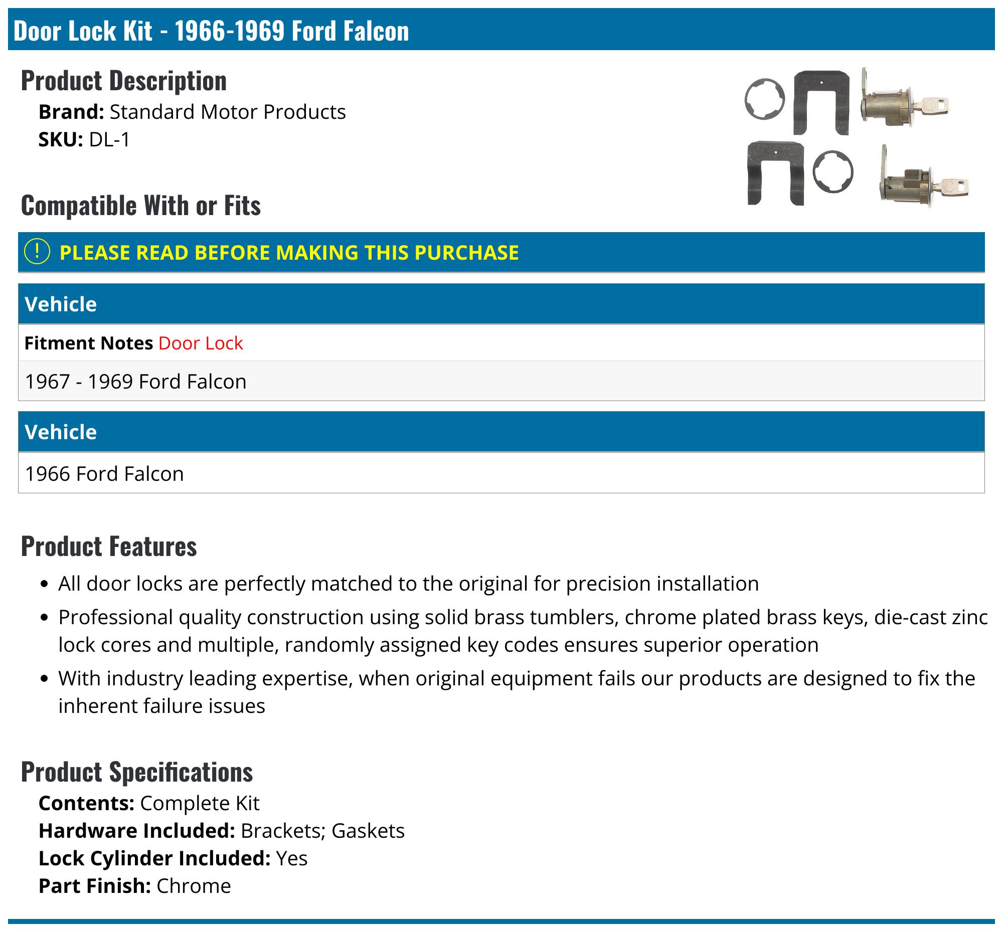 1966-1969 Ford Falcon Door Lock Kit - Standard Motor Products DL-1 ...