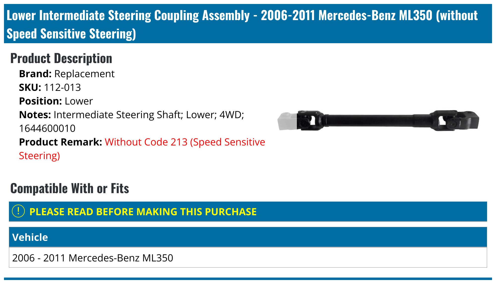 2006-2011 Mercedes ML350 Steering Coupling Assembly - Replacement 112 ...