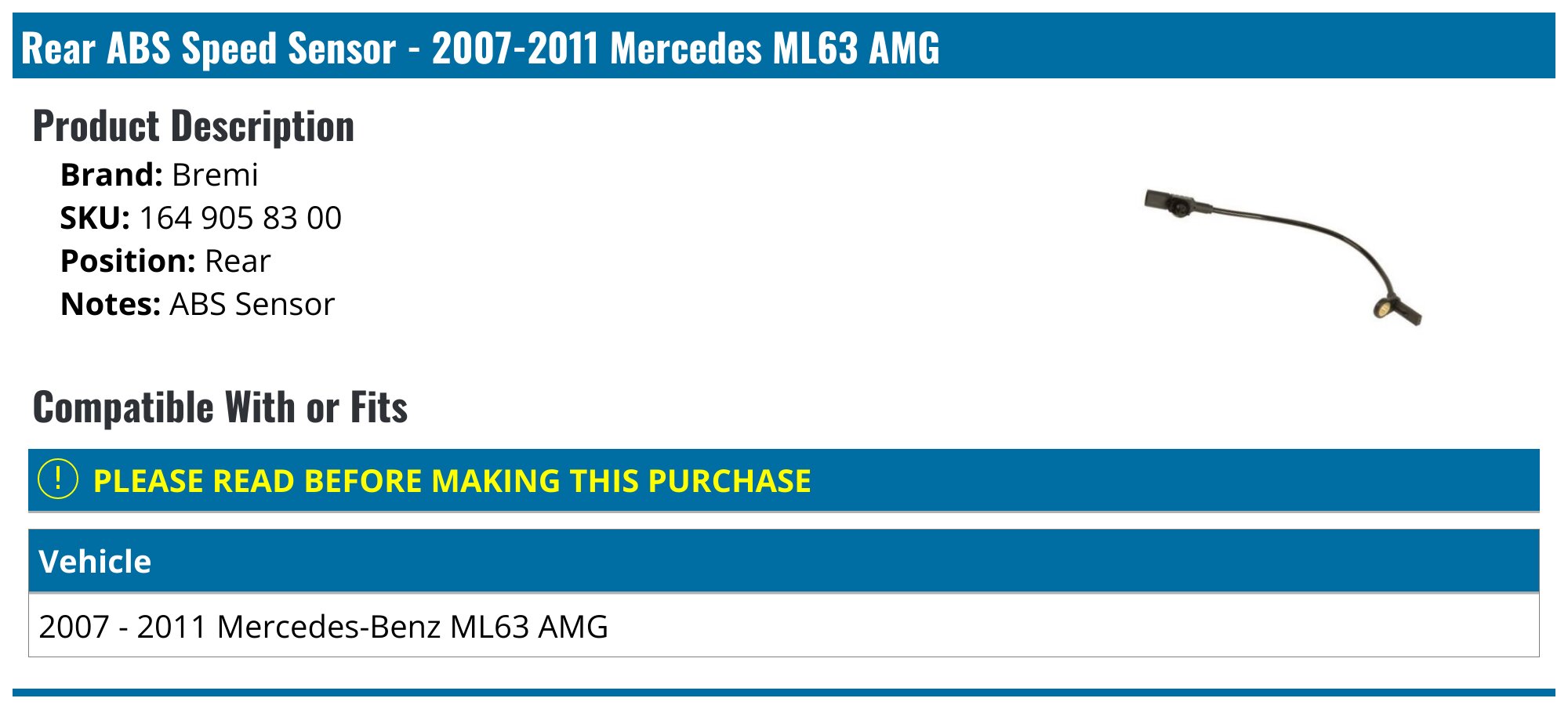 2007-2011 Mercedes ML63 AMG ABS Speed Sensor - Bremi 164 905 83 00 ...