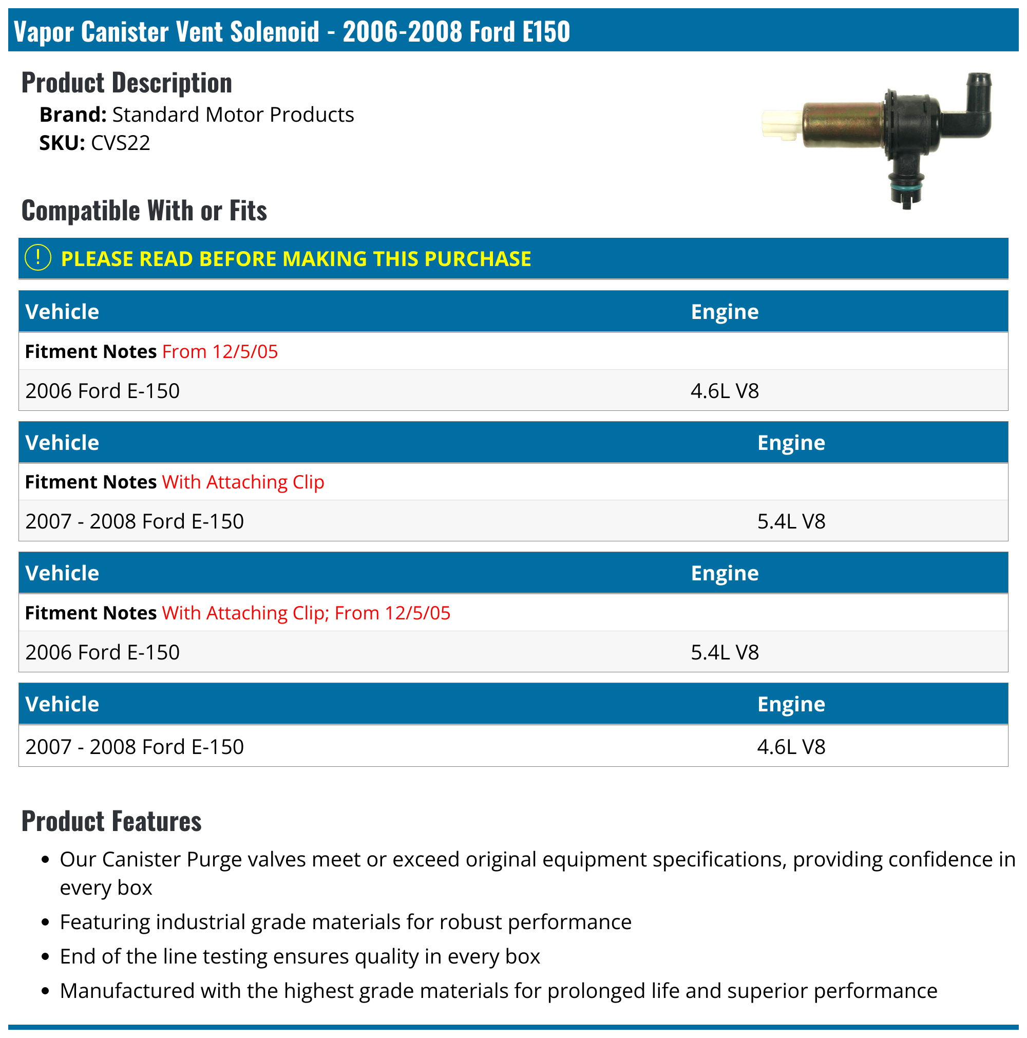 2006-2008 Ford E150 Vapor Canister Vent Valve - Standard Motor Products ...