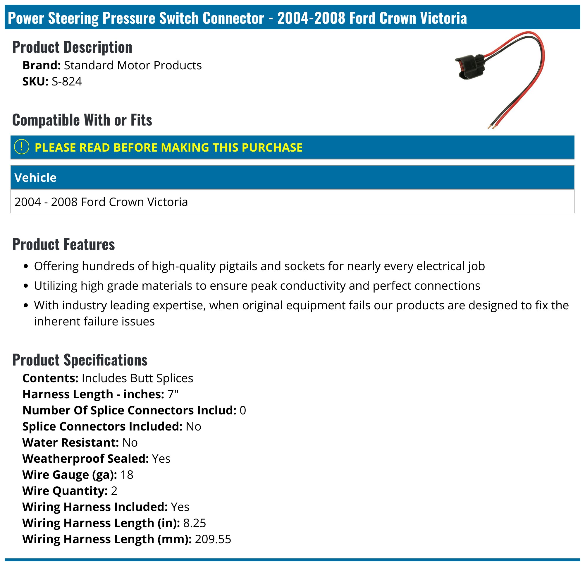 2004-2008 Ford Crown Victoria Power Steering Pressure Switch Connector ...
