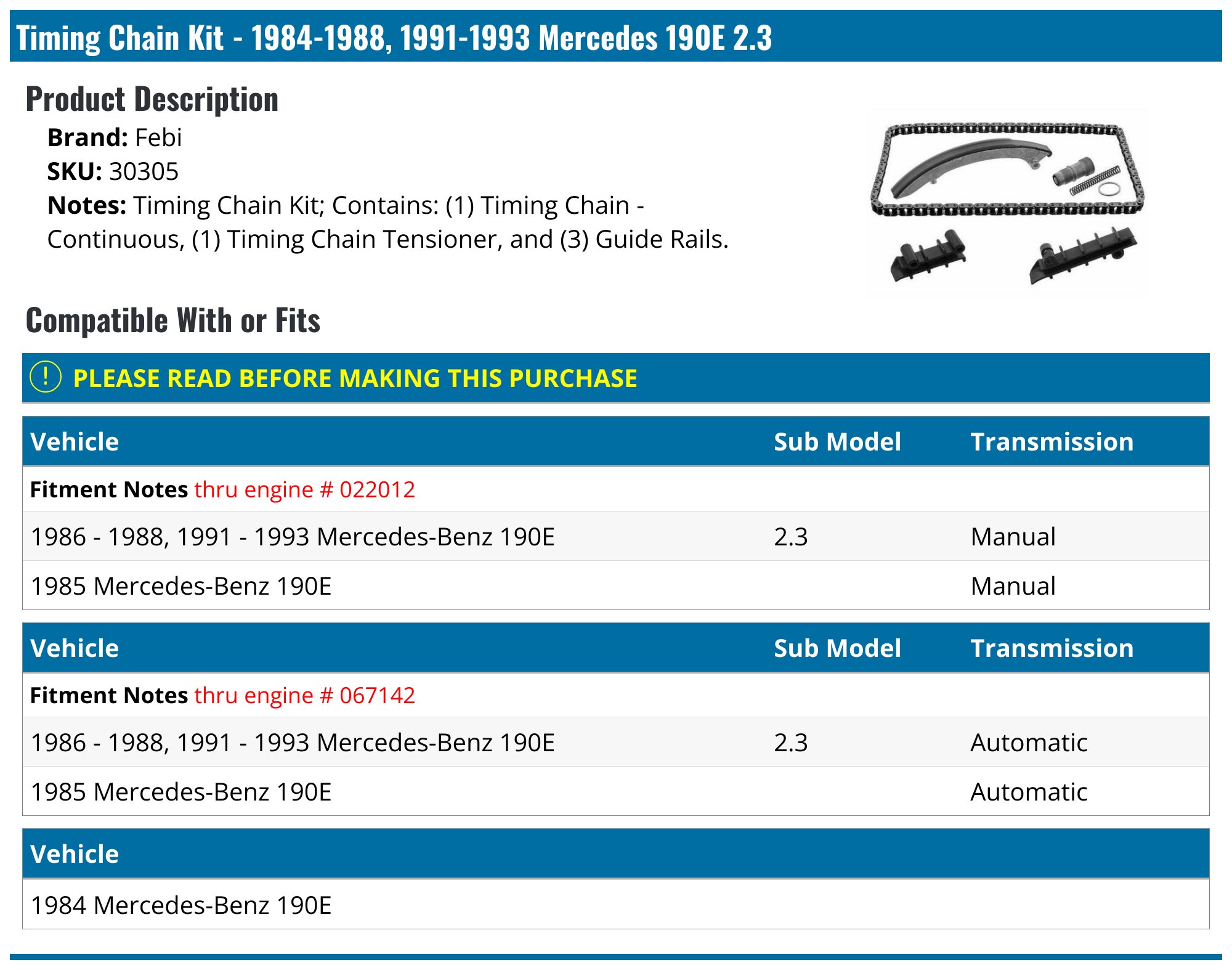 1984-1988, 1991-1993 Mercedes 190E Timing Chain - Febi 30305 ...