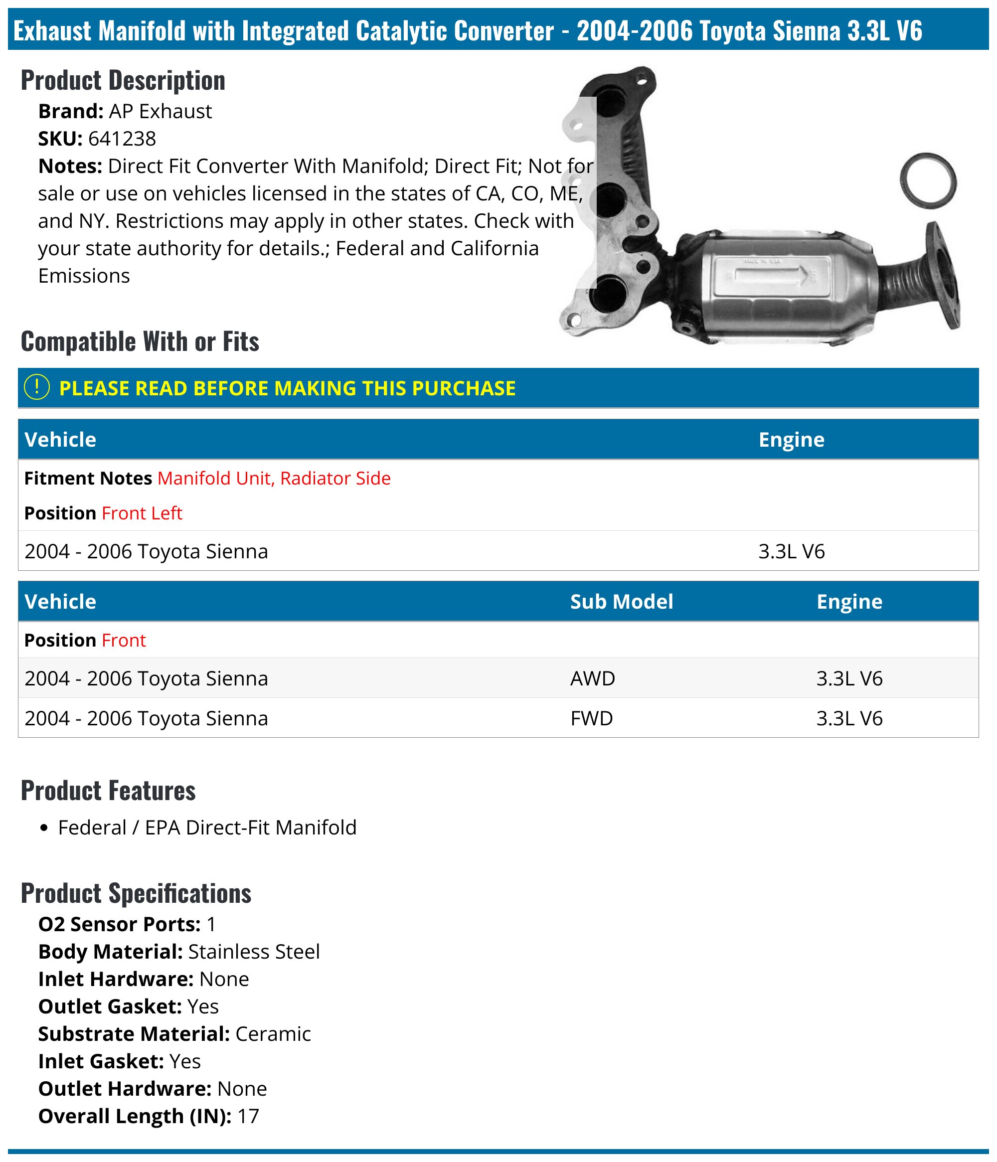 2004-2006 Toyota Sienna Catalytic Converter - AP Exhaust 641238 - Front ...