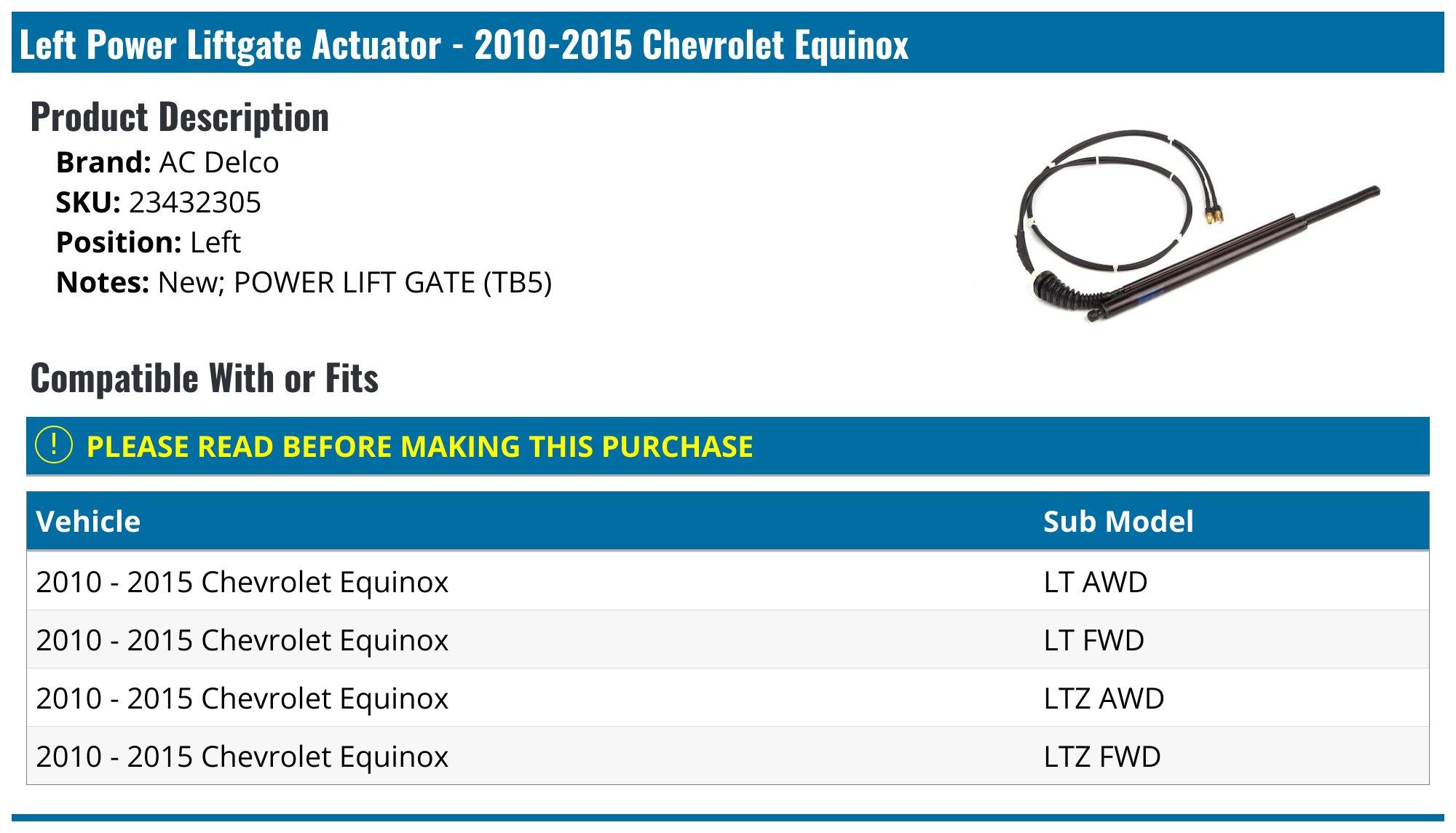 2010-2015 Chevrolet Equinox Hatch Strut - AC Delco 23432305 - Left ...