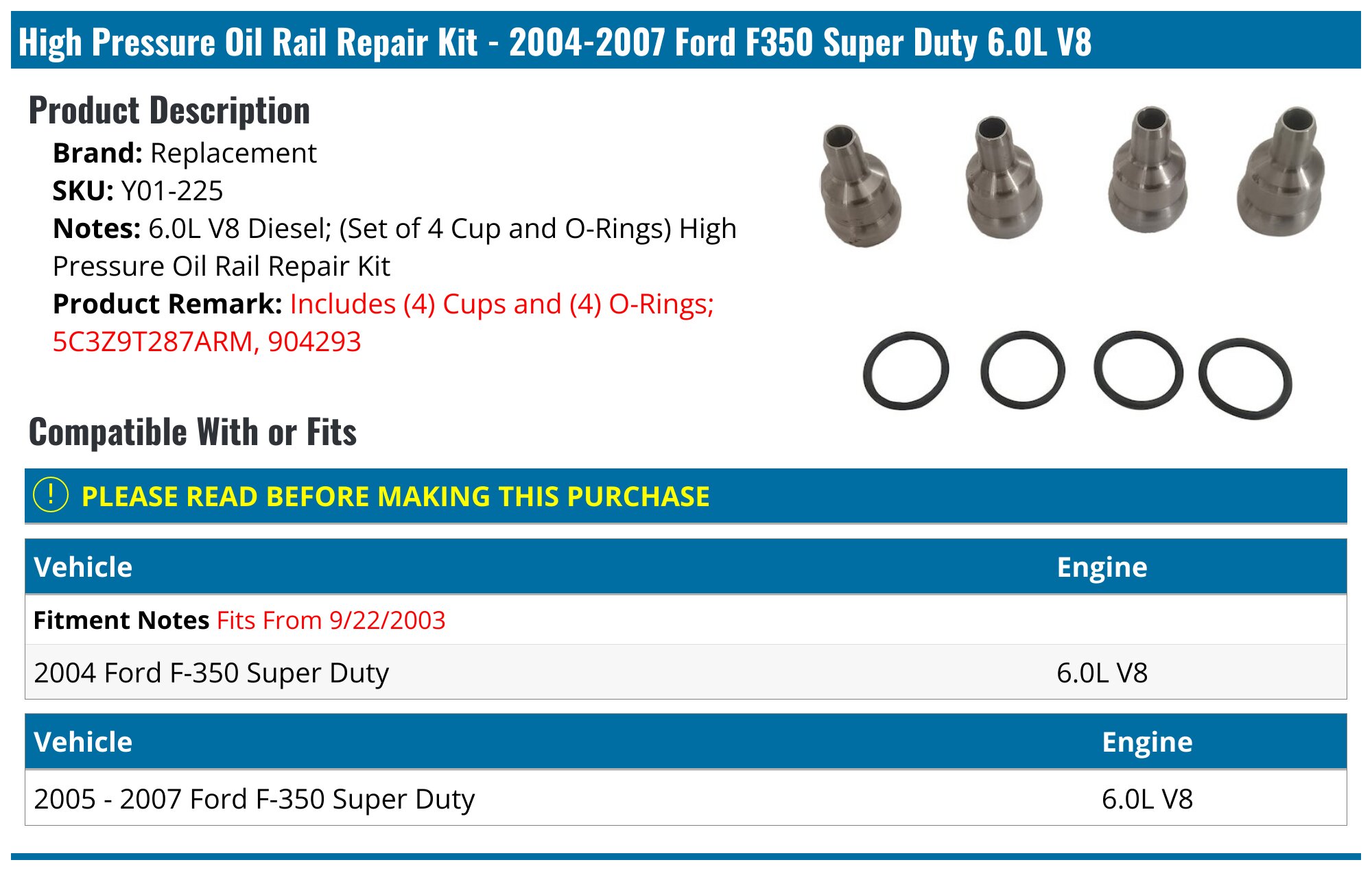 2004-2007 Ford F350 Super Duty High Pressure Oil Rail Repair Kit ...