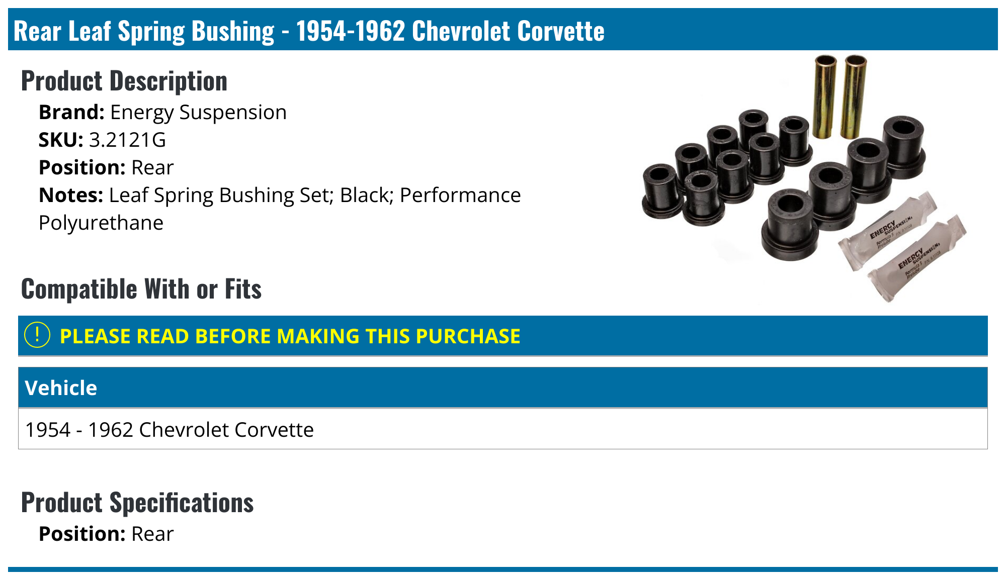 1954-1962 Chevrolet Corvette Leaf Spring Bushing - Energy Suspension 3 ...