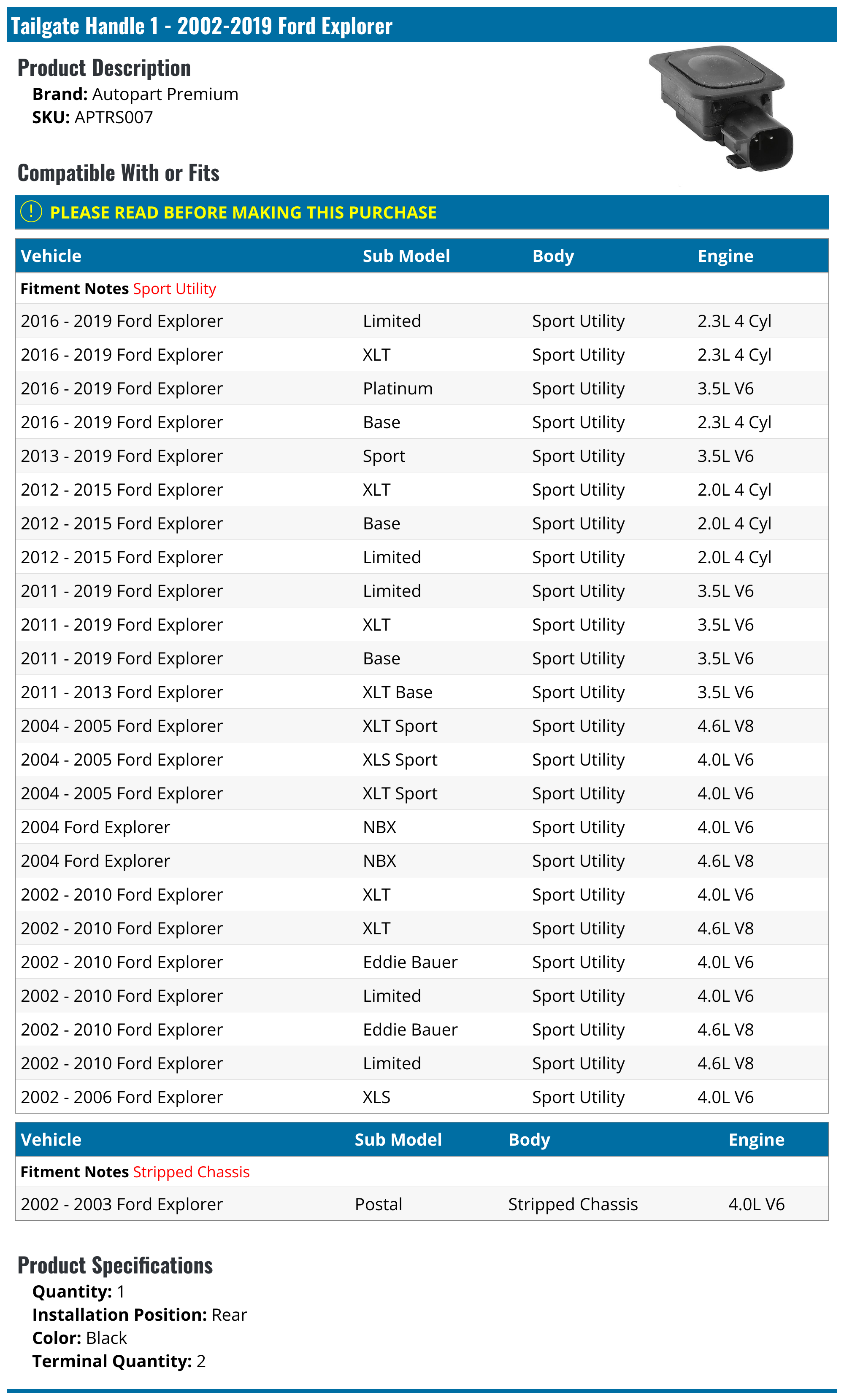 2002-2019 Ford Explorer Tailgate Handle - Autopart Premium APTRS007 ...